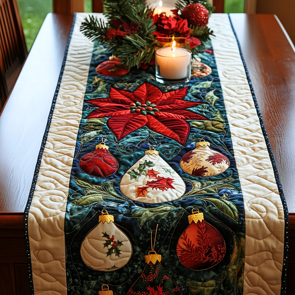 Poinsettia Sparkle Quilted Table Runner NCU0VH794 – Vantique