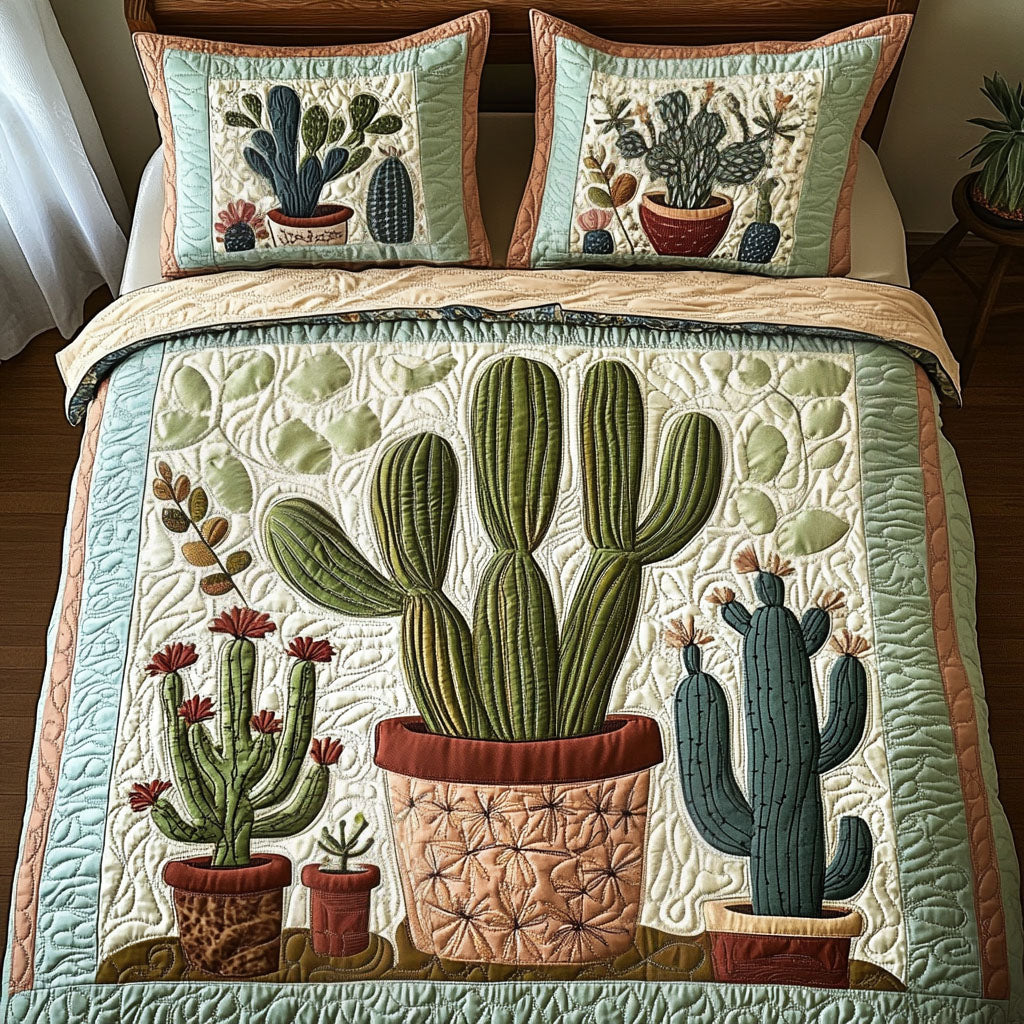Potted Cactus Harmony 3-Piece Quilted Bedding Set NCU0NT2991 – Vantique