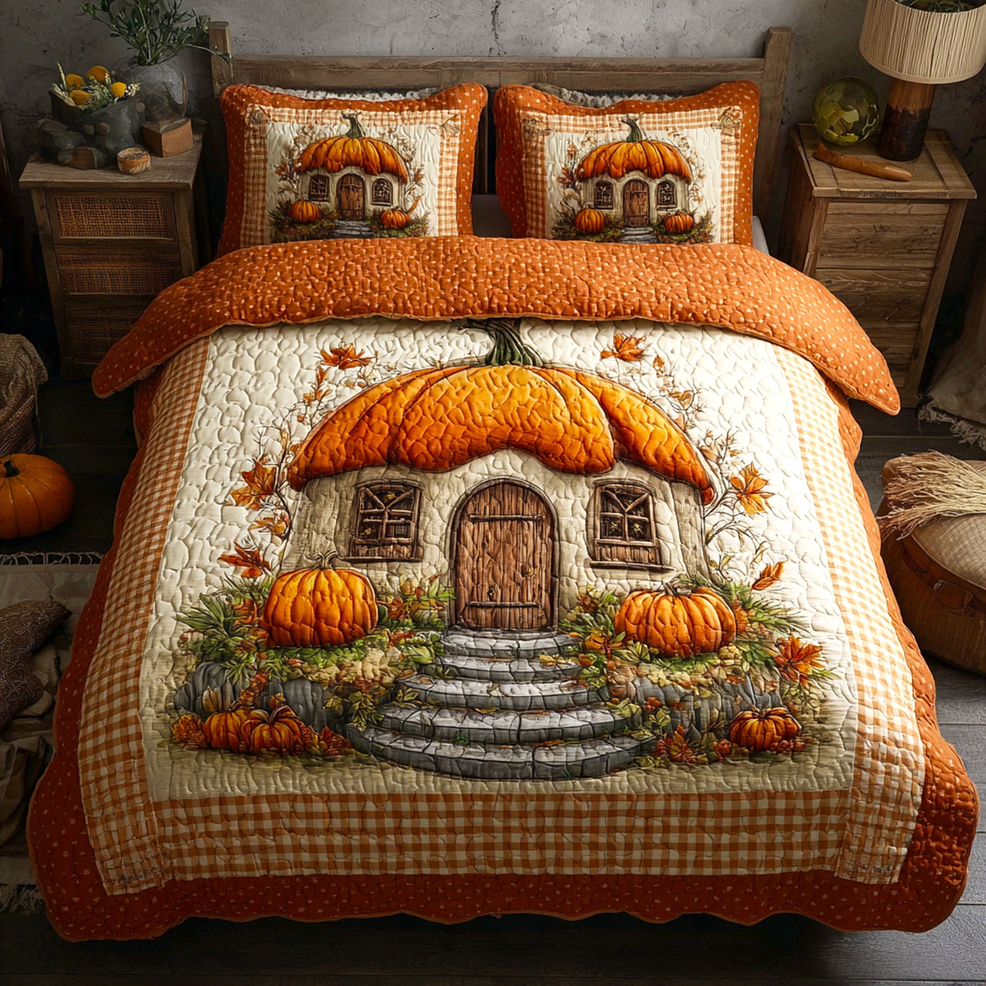 Pumpkin Cottage 3-Piece Quilted Bedding Set NCU0TV038 – Vantique
