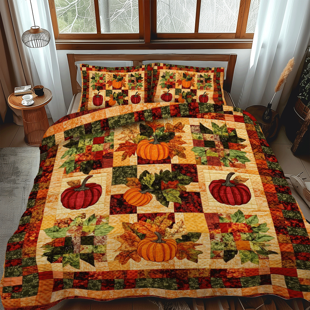 Pumpkin Patterned Thanksgiving 3-Piece Quilted Bedding Set NCU0PD713 ...