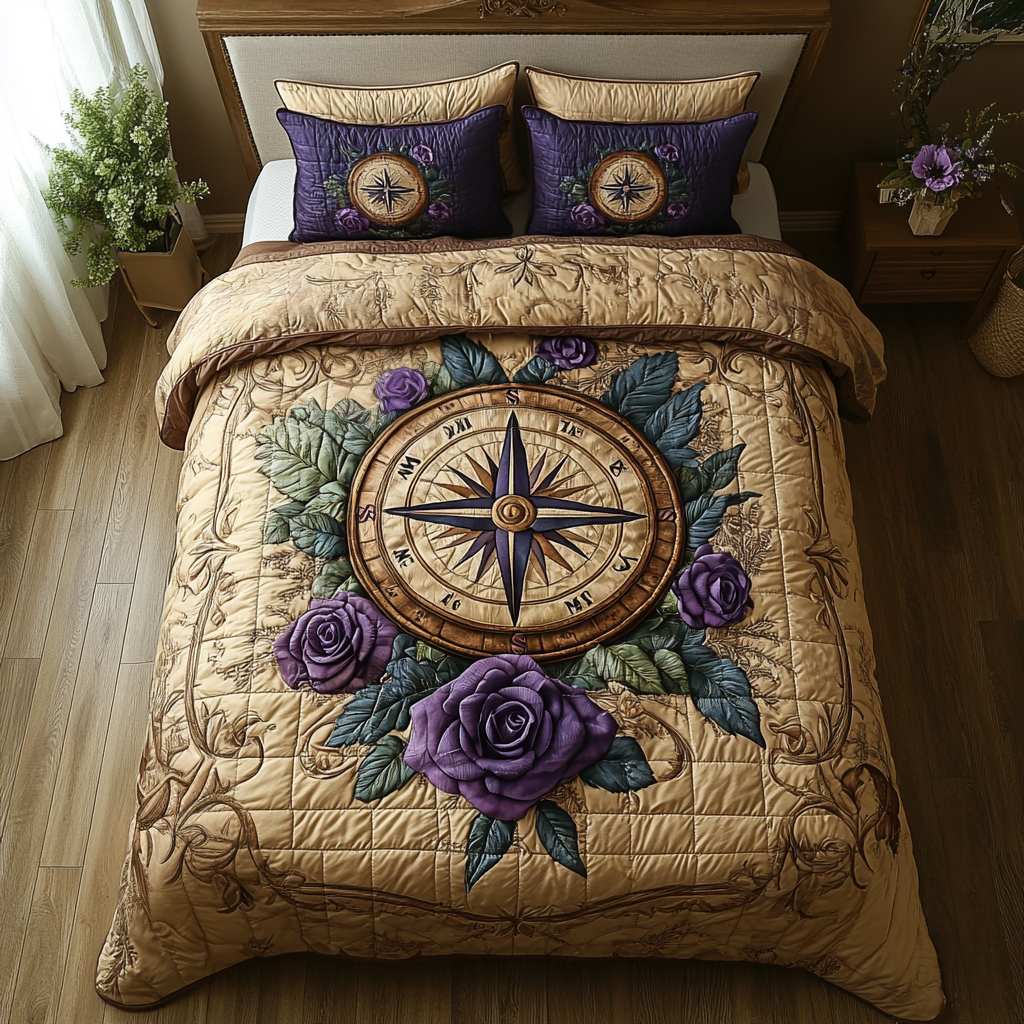 Purple Compass 3-Piece Quilted Bedding Set NCU0DV4488 – Vantique