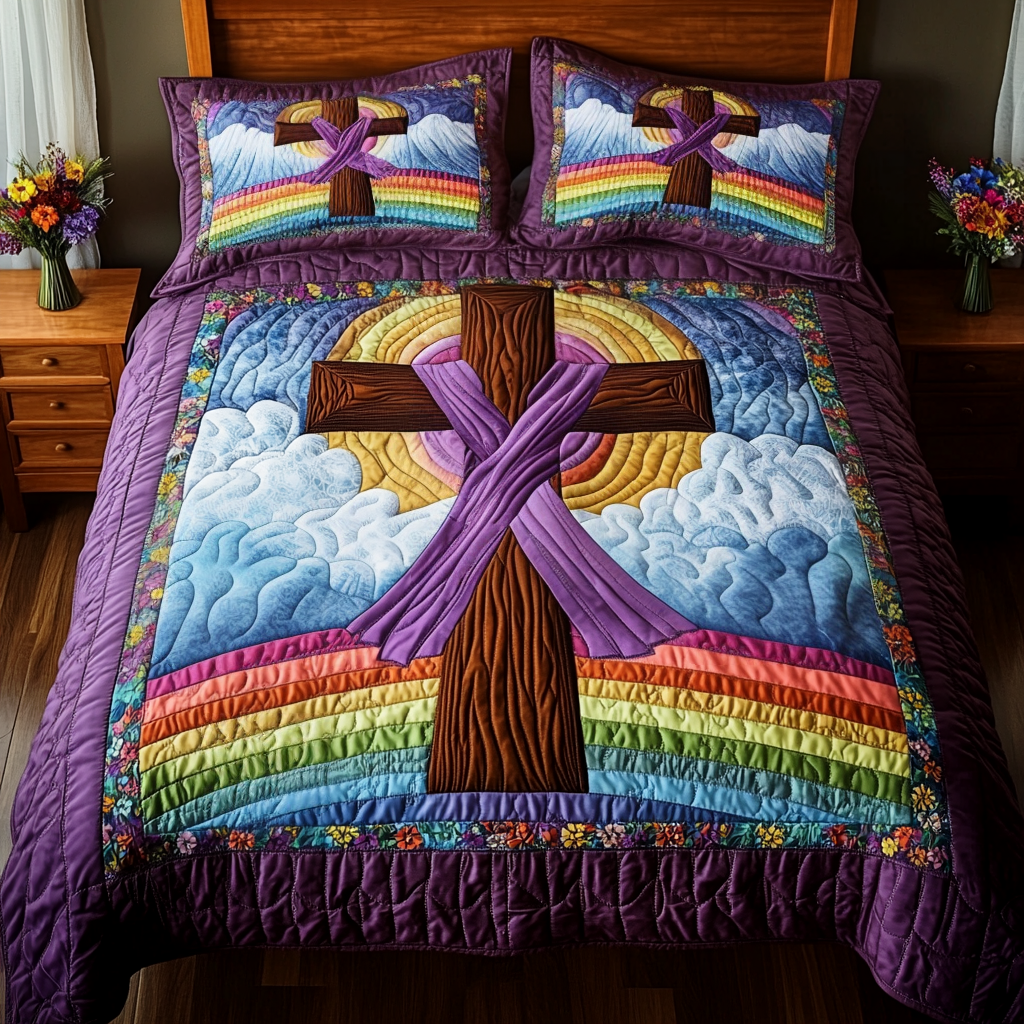 Purple Ribbon Cross 3-Piece Quilted Bedding Set NCU0NT3298 – Vantique