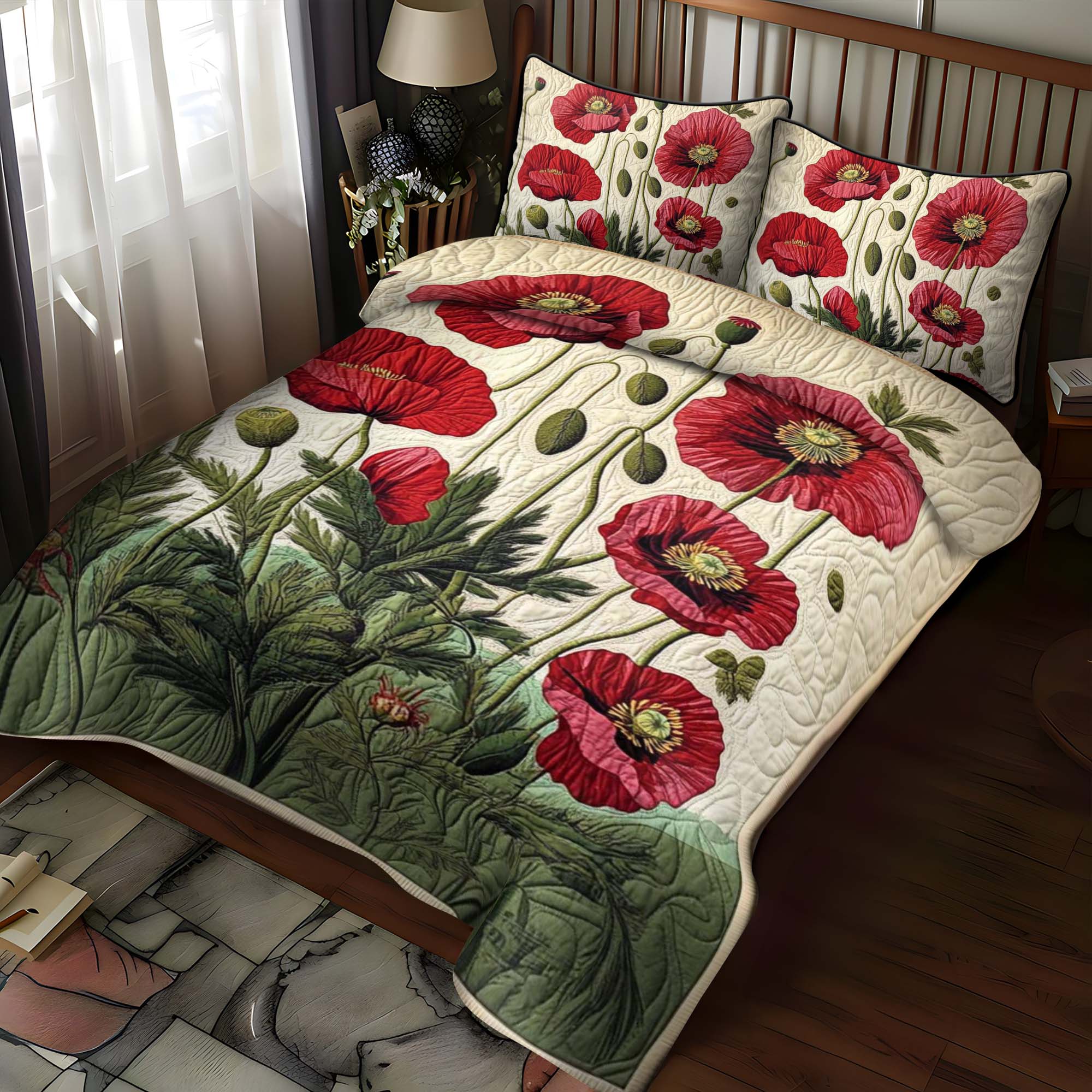 Radiant Red Poppies 3-Piece Quilted Bedding Set NCU0NT1073 – Vantique