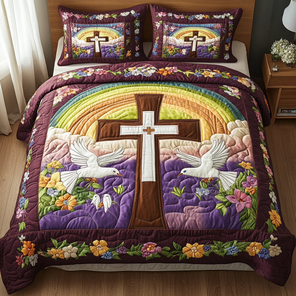Rainbow Cloud Cross 3-Piece Quilted Bedding Set NCU0NT3299 – Vantique