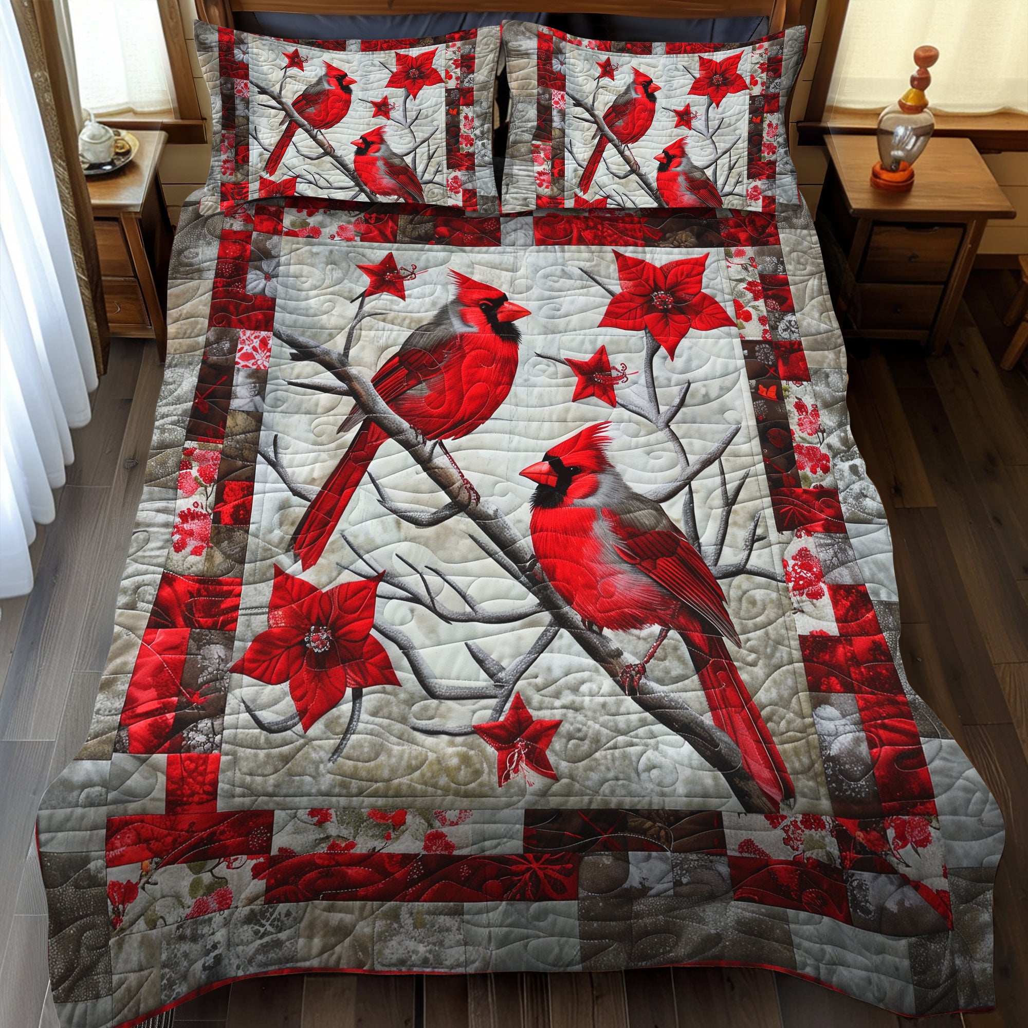 Red Cardinal 3-Piece Quilted Bedding Set NCU0TH927 – Vantique