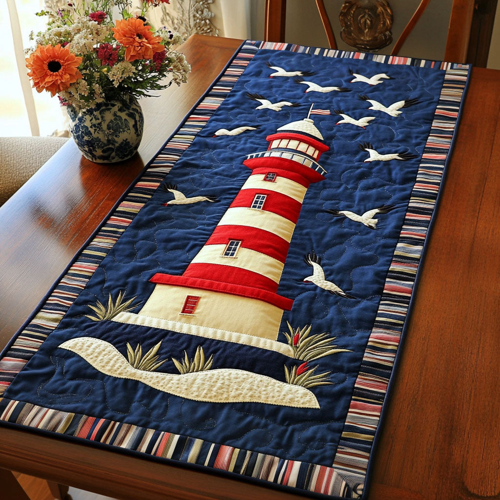 Red Striped Lighthouse Quilted Table Runner NCU0NT3762 – Vantique