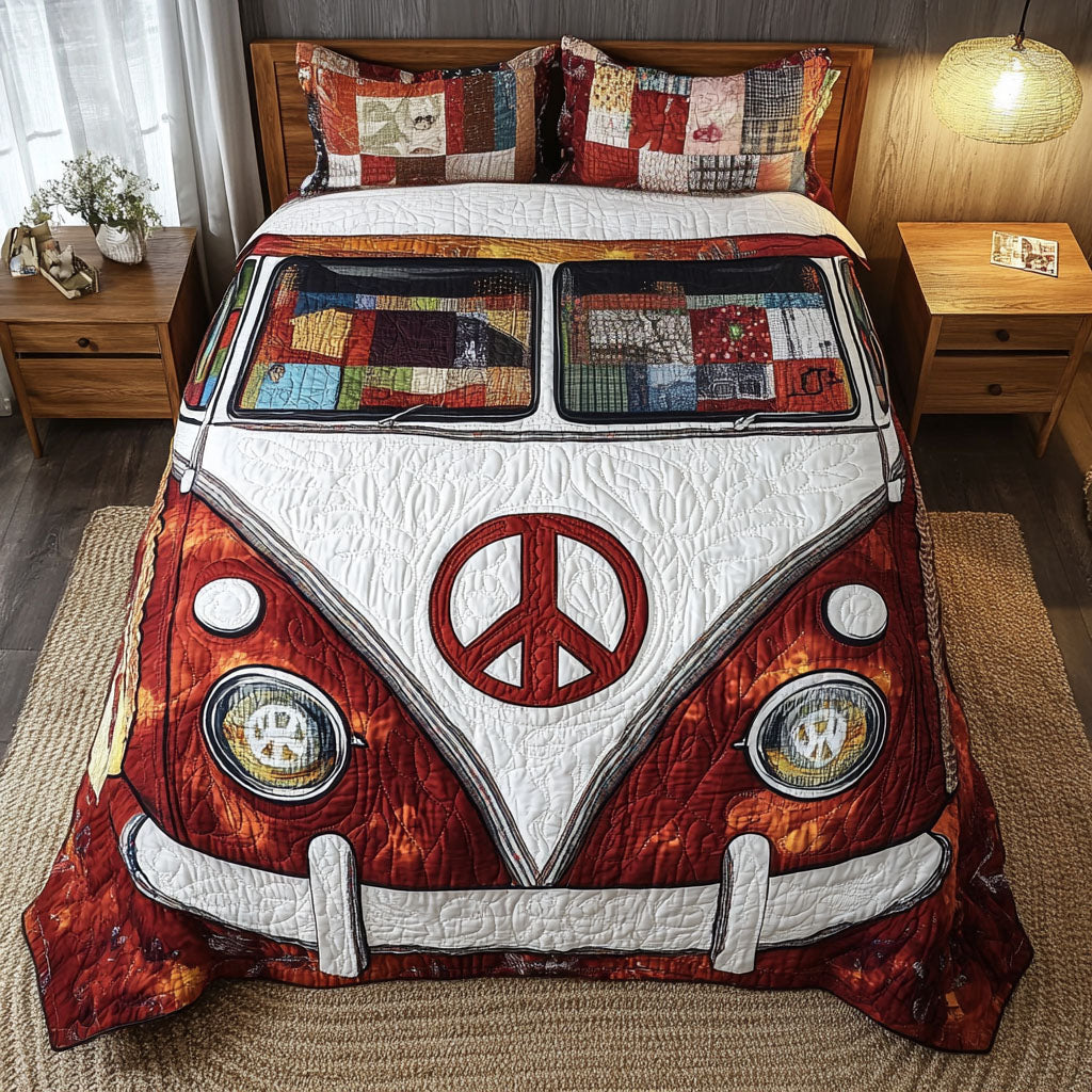 Retro Peace Van Red 3-Piece Quilted Bedding Set NCU0NT4109 – Vantique