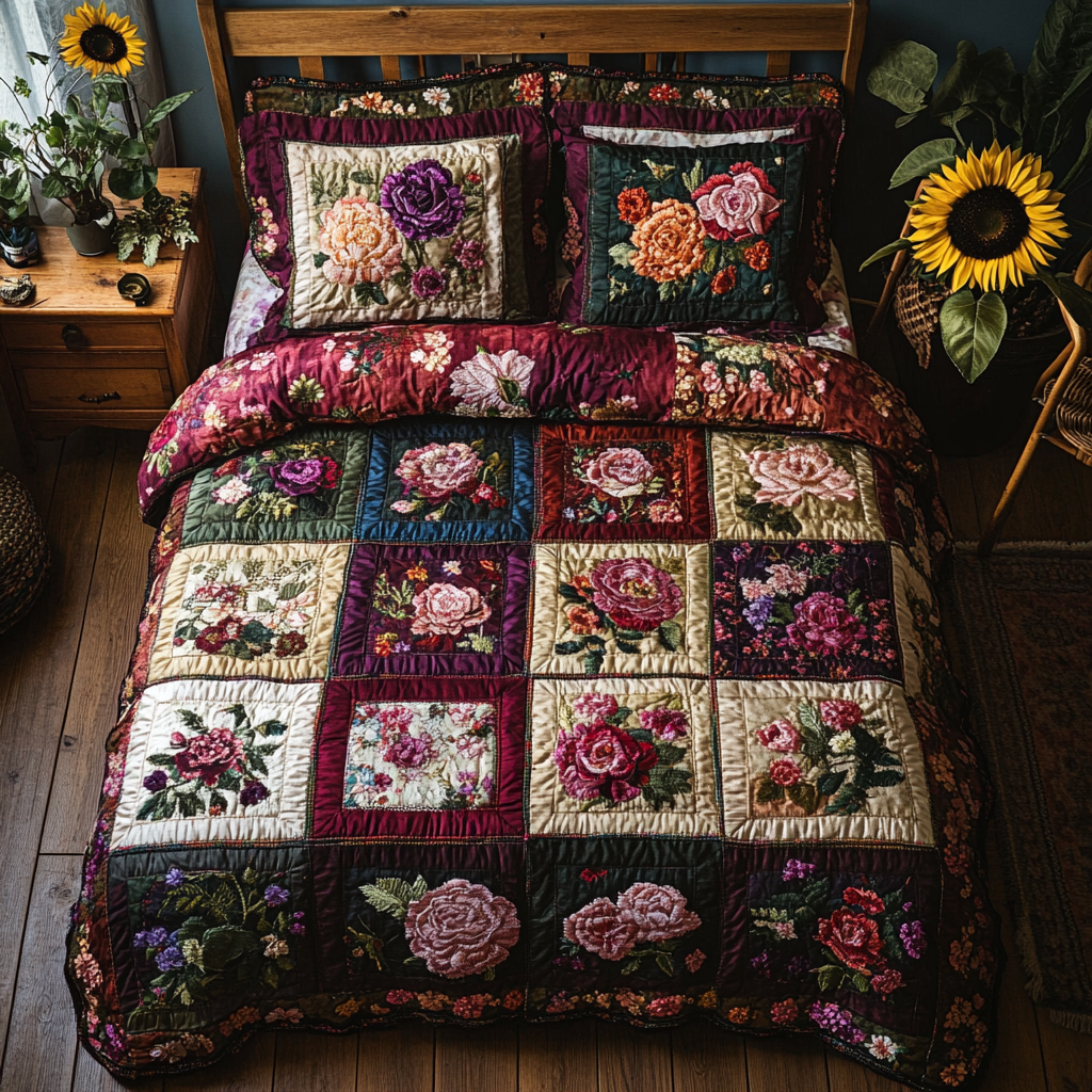 Rose Bloom 3-Piece Quilted Bedding Set NCU0VL1683 – Vantique