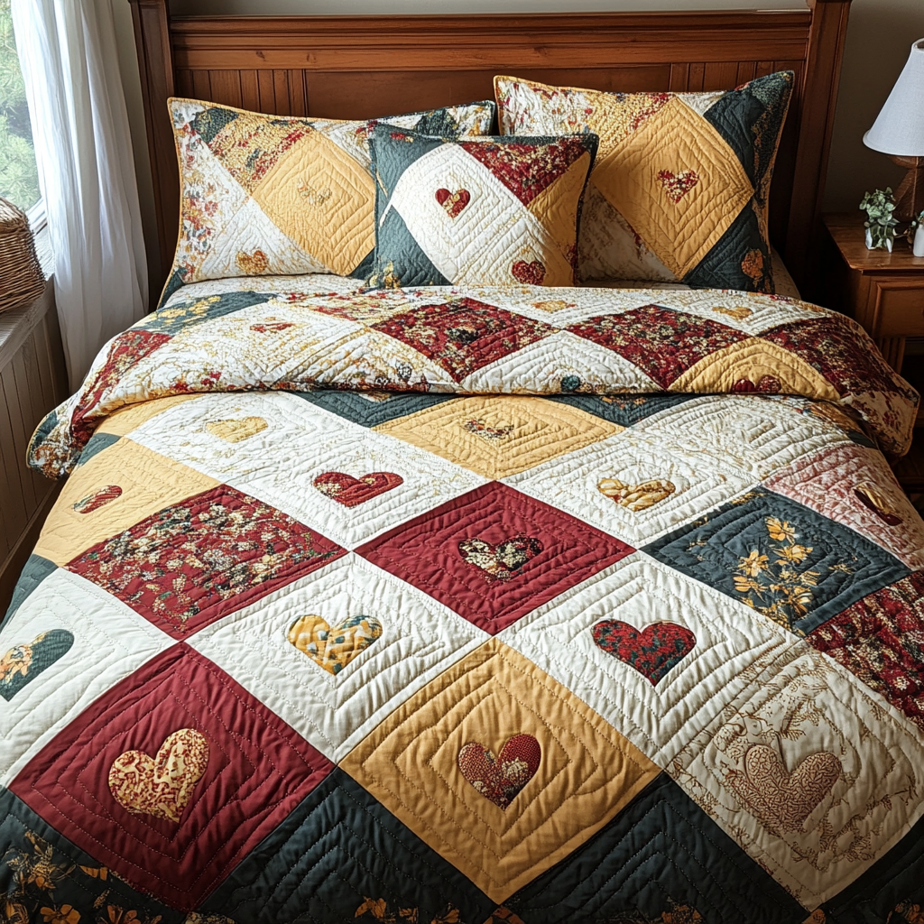 Rustic Heartbeat 3-Piece Quilted Bedding Set NCU0DV5783 – Vantique