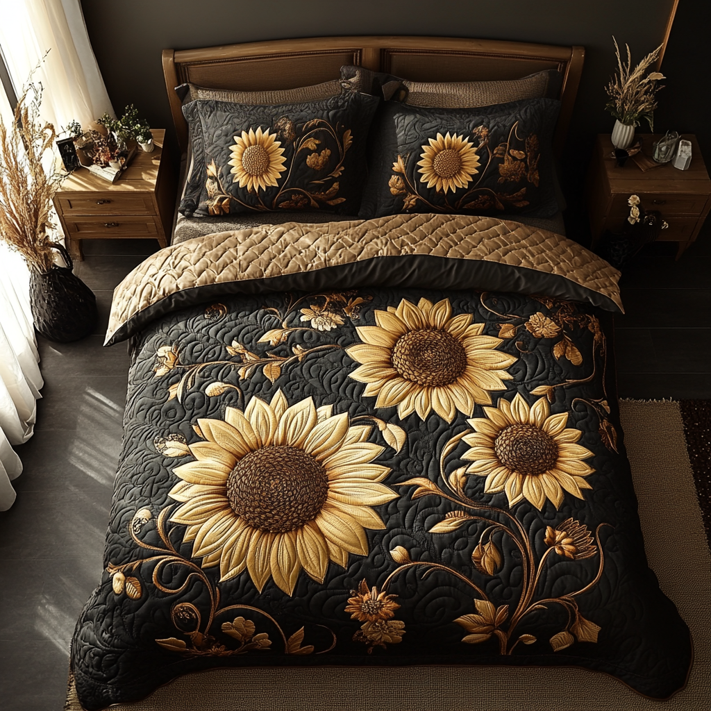 Rustic Sunflower 3-Piece Quilted Bedding Set NCU0DV2990 – Vantique