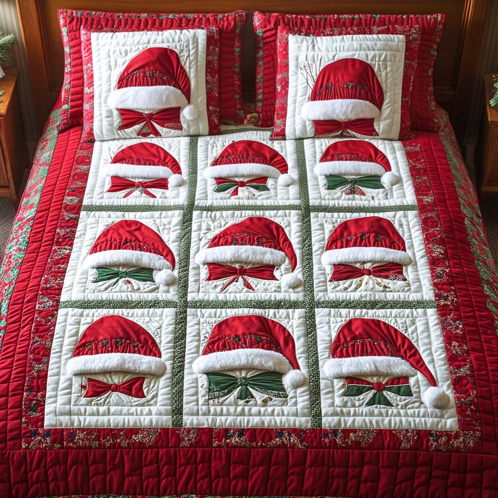 Santa Hat Parade 3-Piece Quilted Bedding Set NCU0XD599 – Vantique