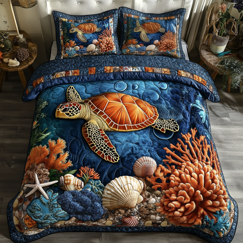 Sea Turtle 3-Piece Quilted Bedding Set NCU0DK8439 – Vantique