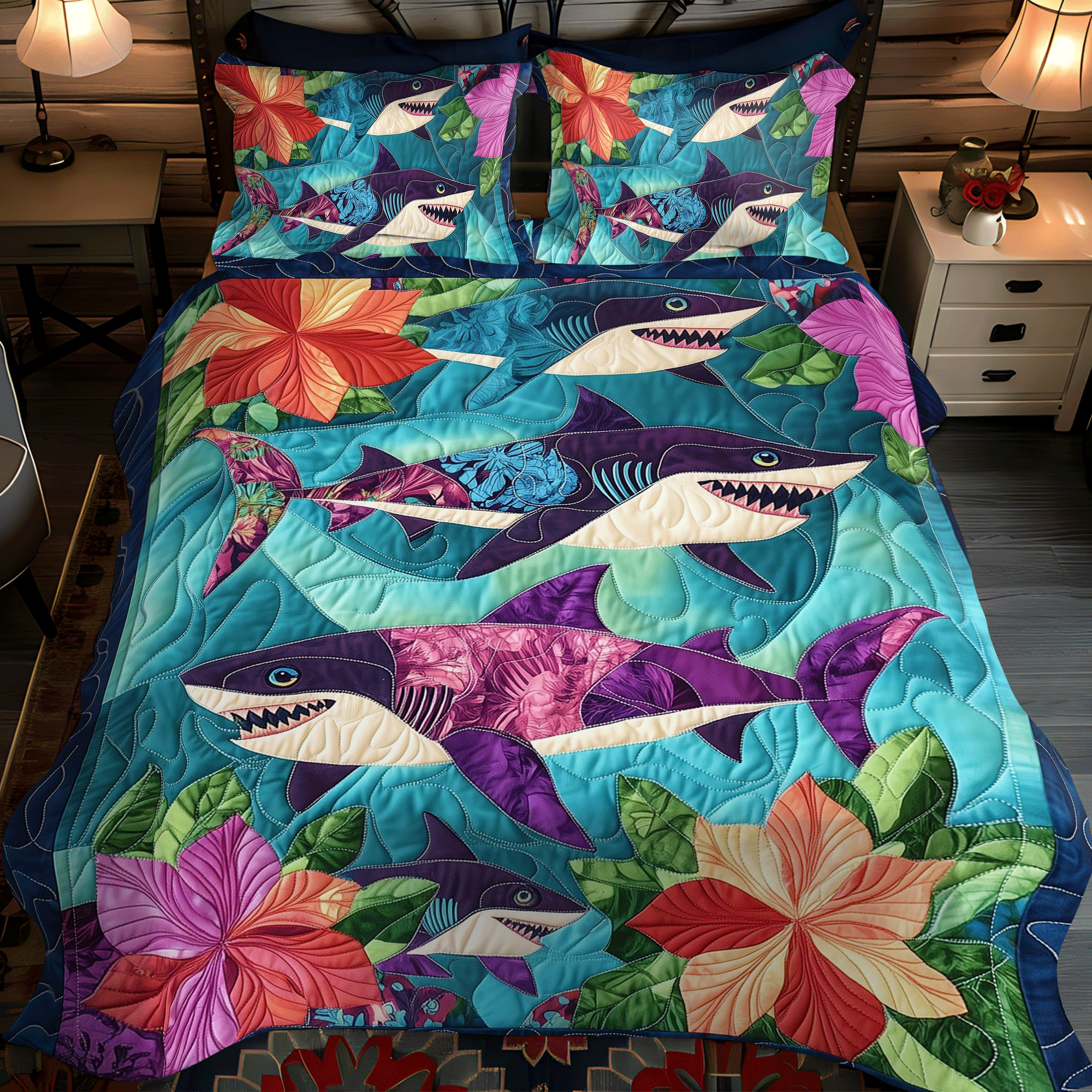 Shark Holiday 3-Piece Quilted Bedding Set NCU0DV932 – Vantique