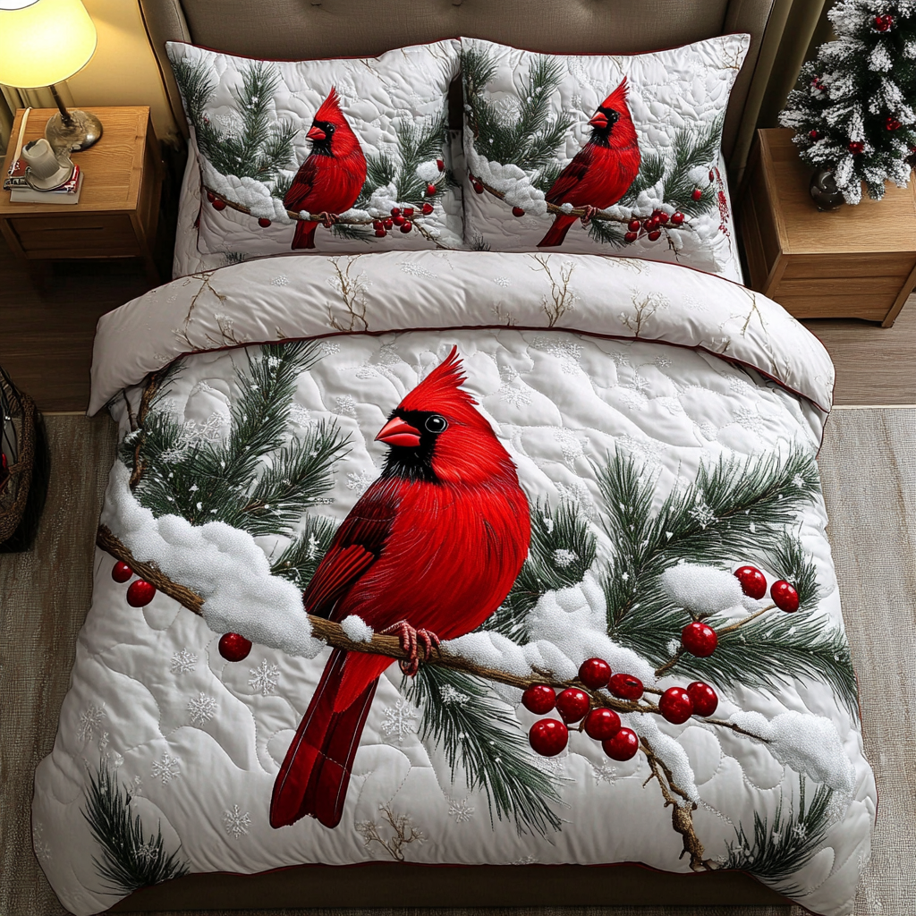 Snowy Cardinal Haven 3-Piece Quilted Bedding Set NCU0DK2603 – Vantique