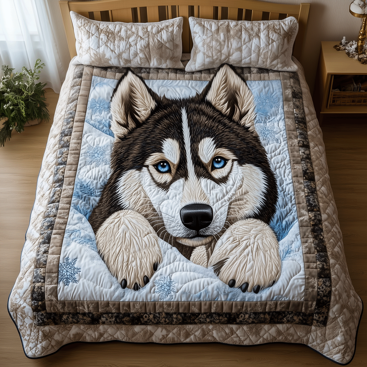 Snowy Husky Paws 3-Piece Quilted Bedding Set NCU0TH2539 – Vantique