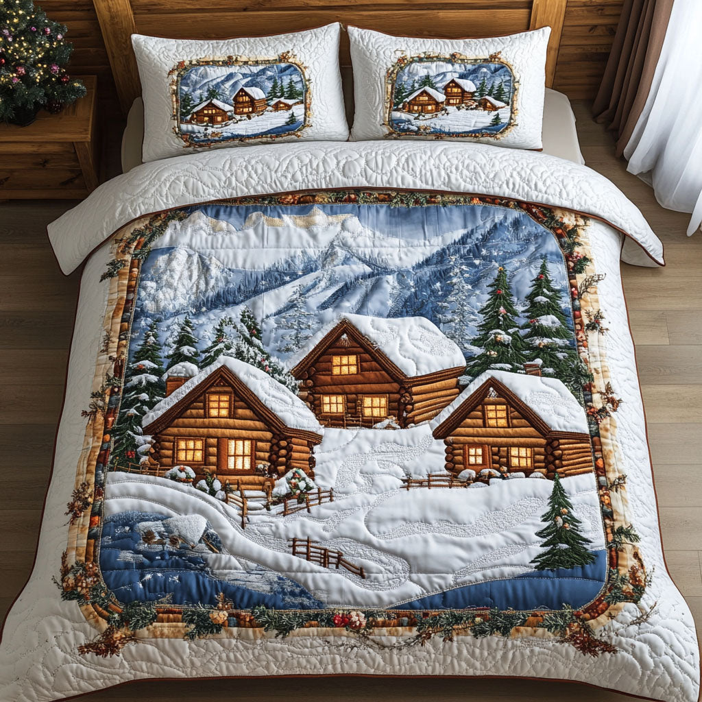 Snowy Village Cabins 3-Piece Quilted Bedding Set NCU0NT3075 – Vantique