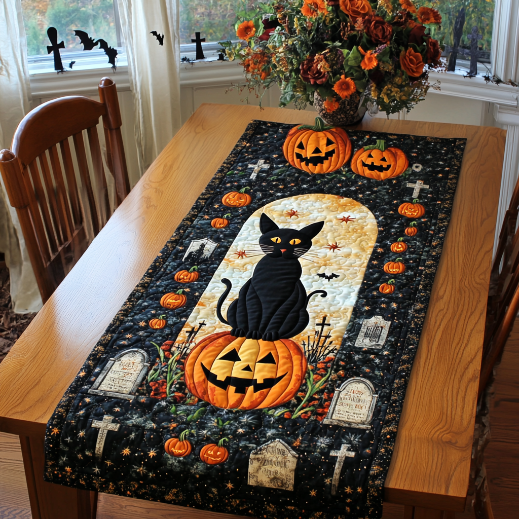 Spooky Cat Halloween Quilted Table Runner NCU0PD440 – Vantique