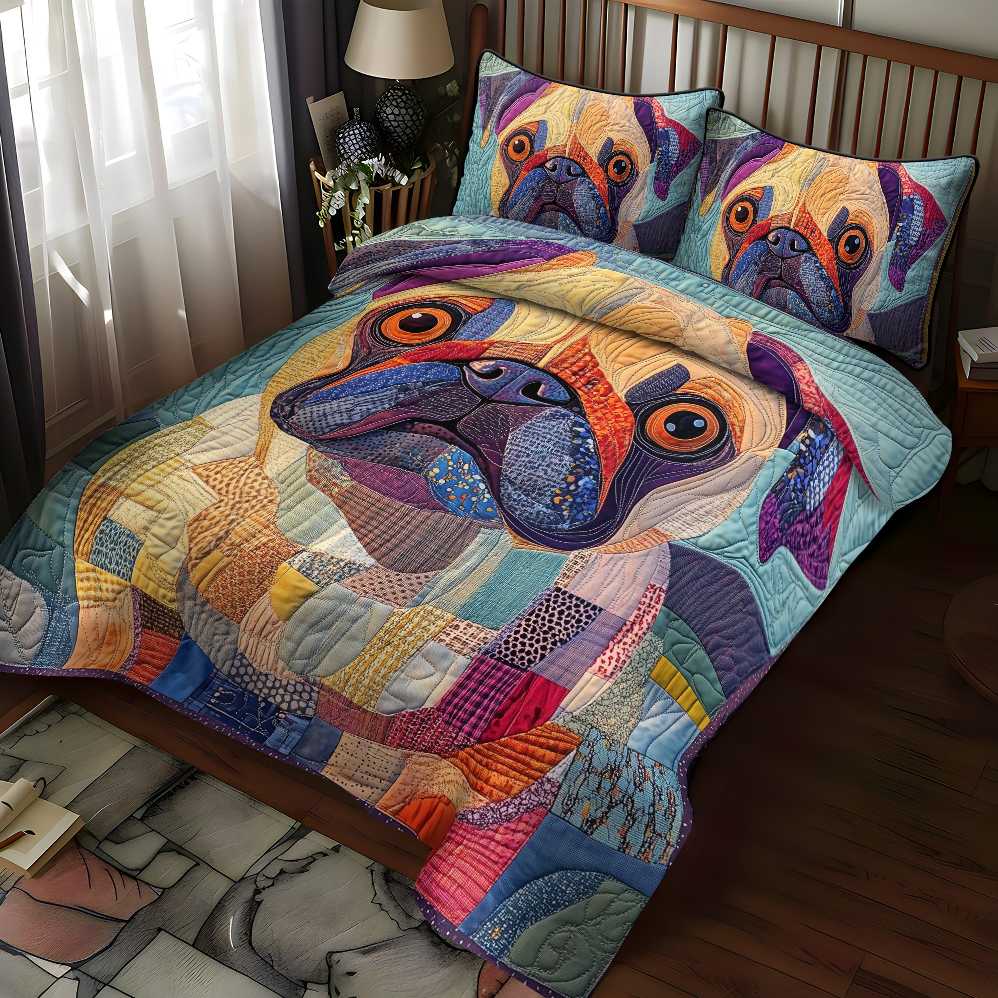 Squishy Pug Love 3-Piece Quilted Bedding Set NCU0DK1554 – Vantique