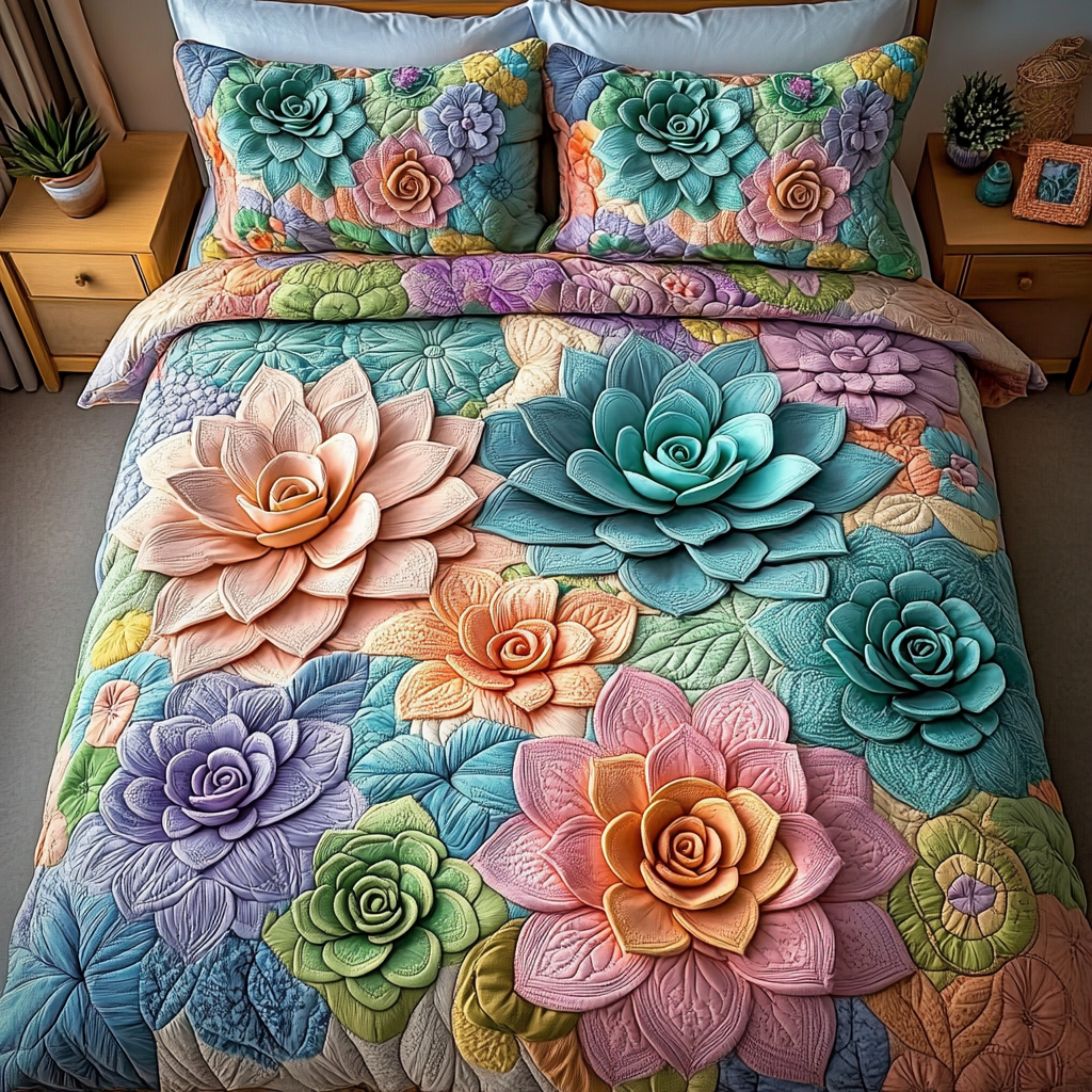 Succulent Serenity 3-Piece Quilted Bedding Set NCU0DK5798 – Vantique