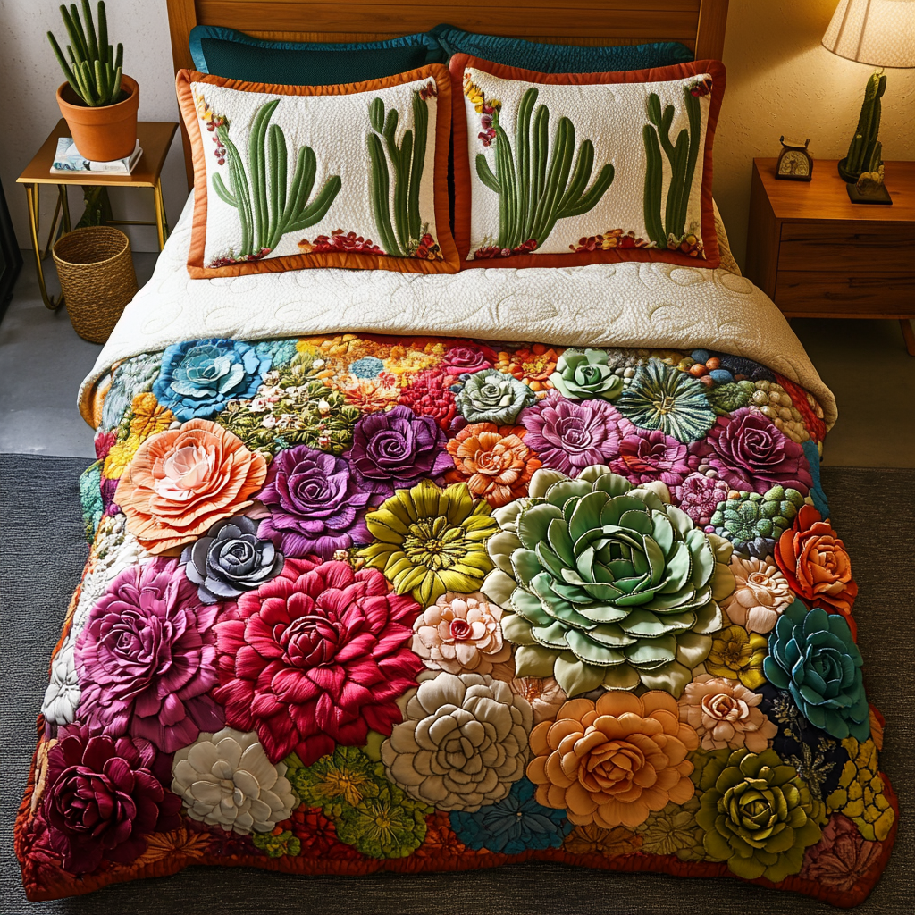 Succulent Symphony 3-Piece Quilted Bedding Set NCU0DV2518 – Vantique