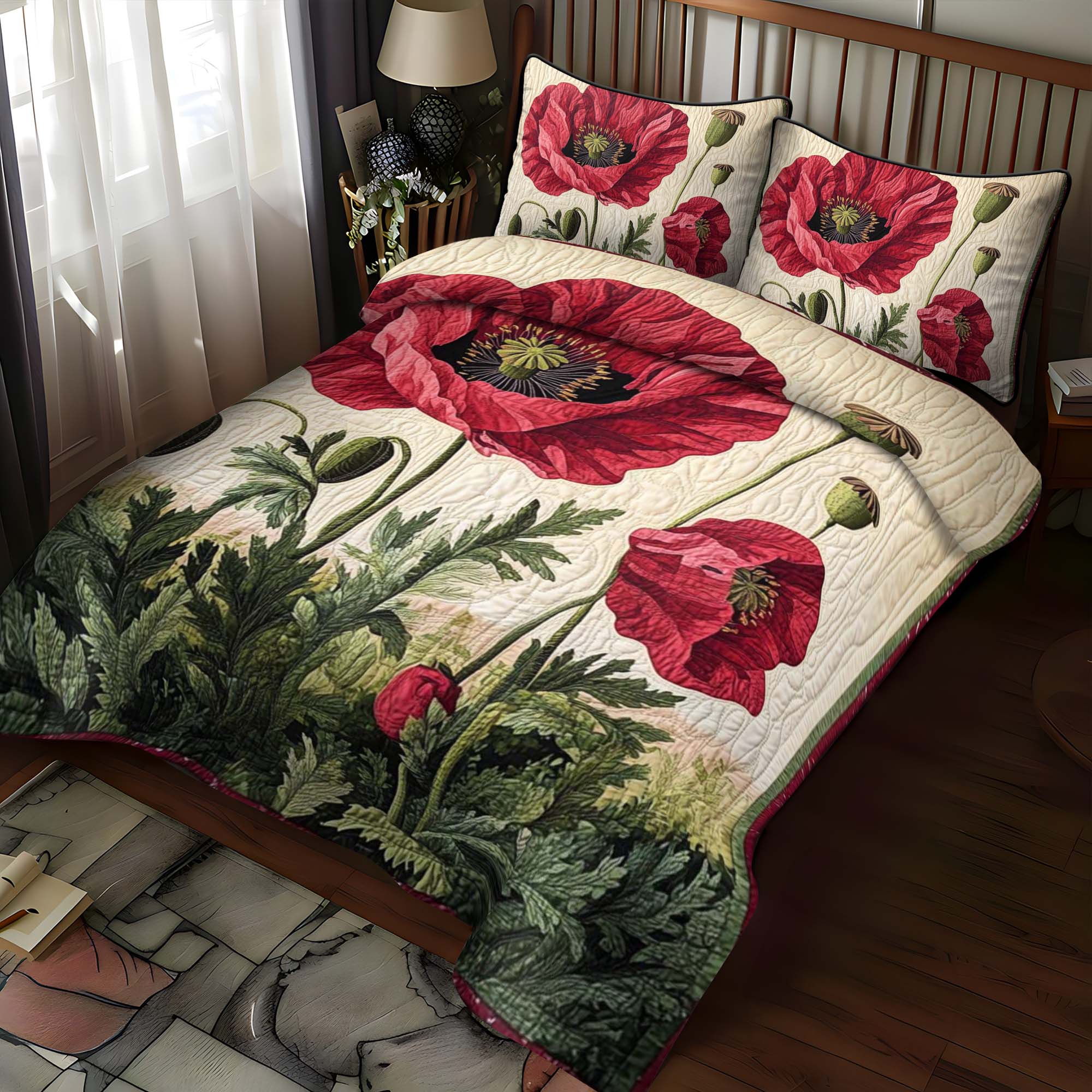 Summer Poppy Field 3-Piece Quilted Bedding Set NCU0NT1075 – Vantique