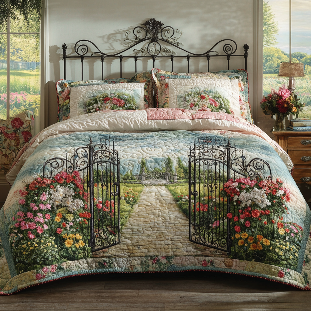 Sunlit Garden Gate 3-Piece Quilted Bedding Set NCU0VL2588 – Vantique