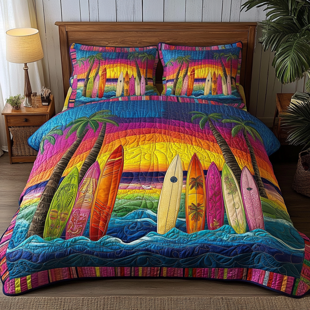 Surfboard Sunset 3-Piece Quilted Bedding Set NCU0VL2561 – Vantique