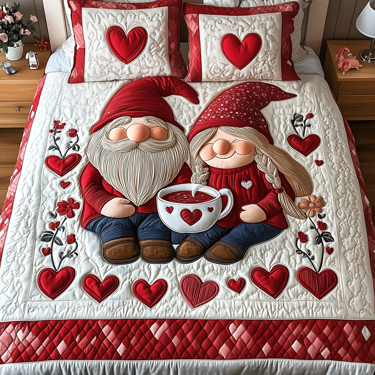 Timeless Gnome Love 3-Piece Quilted Bedding Set NCU0TH2558 – Vantique