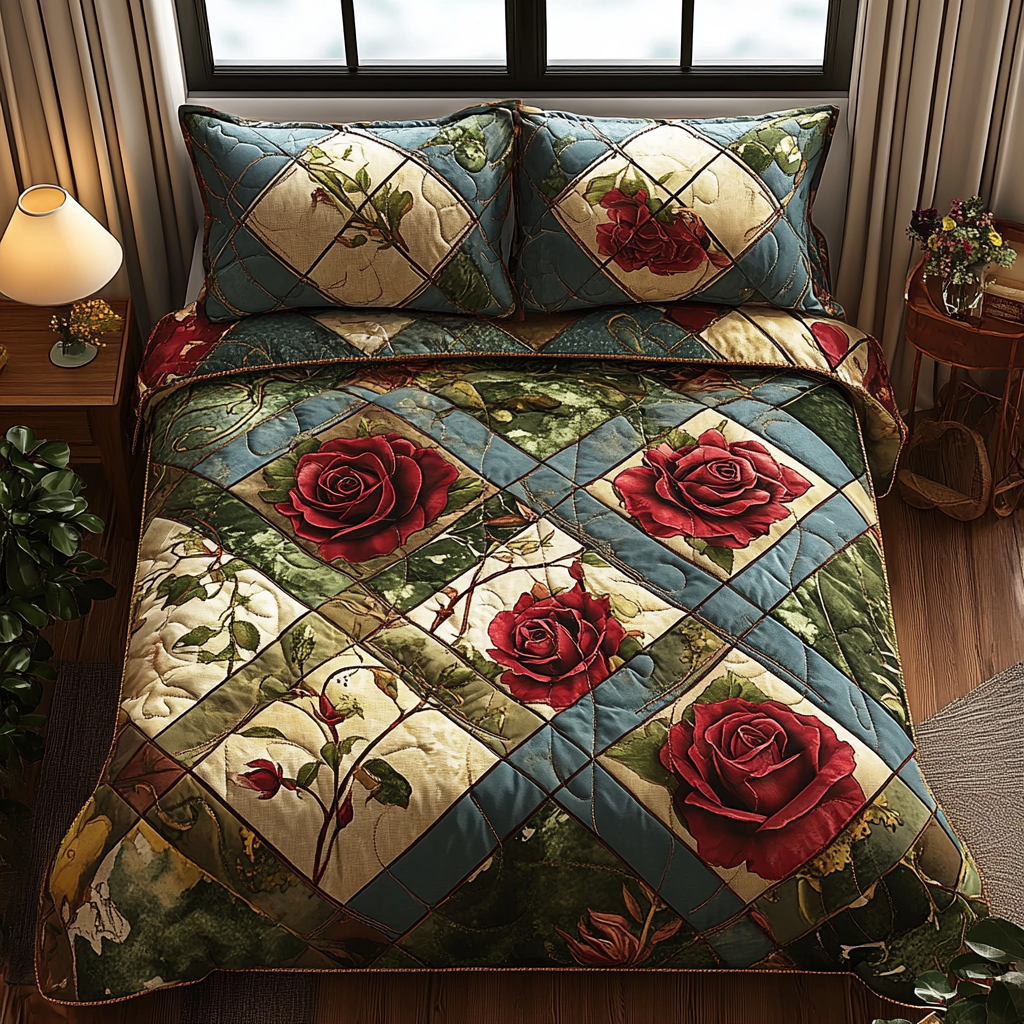Timeless Red Rose 3-Piece Quilted Bedding Set NCU0DV4487 – Vantique
