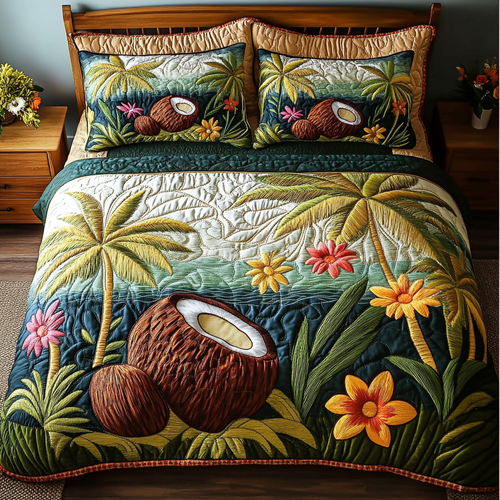 Tropical Coconut Paradise 3-Piece Quilted Bedding Set NCU0DK5887 – Vantique