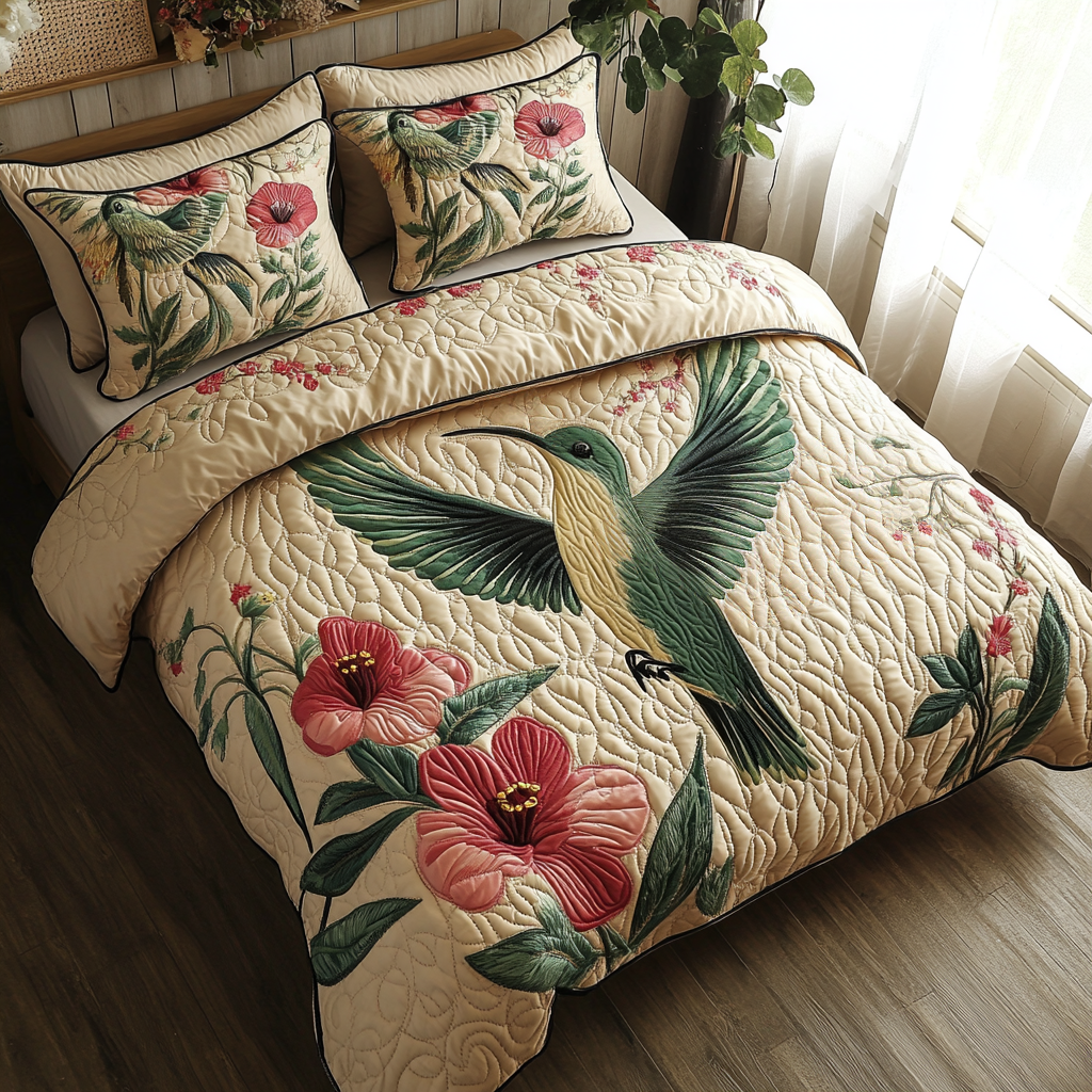 Vintage Hummingbird Charm 3-Piece Quilted Bedding Set NCU0DV5985 – Vantique