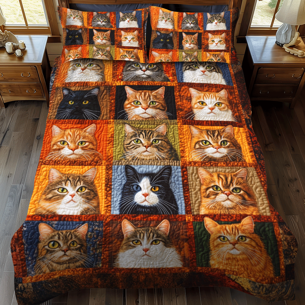 Whimsical Cat Patterned 3-Piece Quilted Bedding Set NCU0PD621 – Vantique