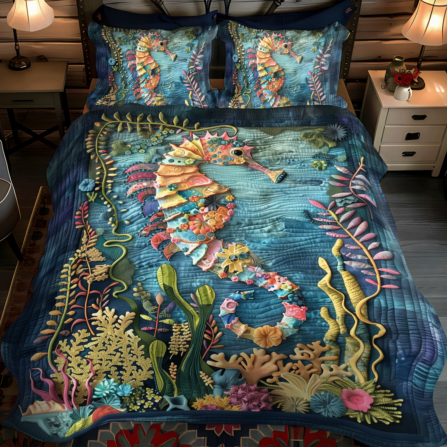 Whimsical Seahorse 3-Piece Quilted Bedding Set NCU0TH1267 – Vantique