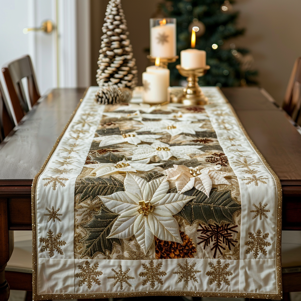 White Poinsettia Flowers Quilted Table Runner NCU0DV2129 – Vantique