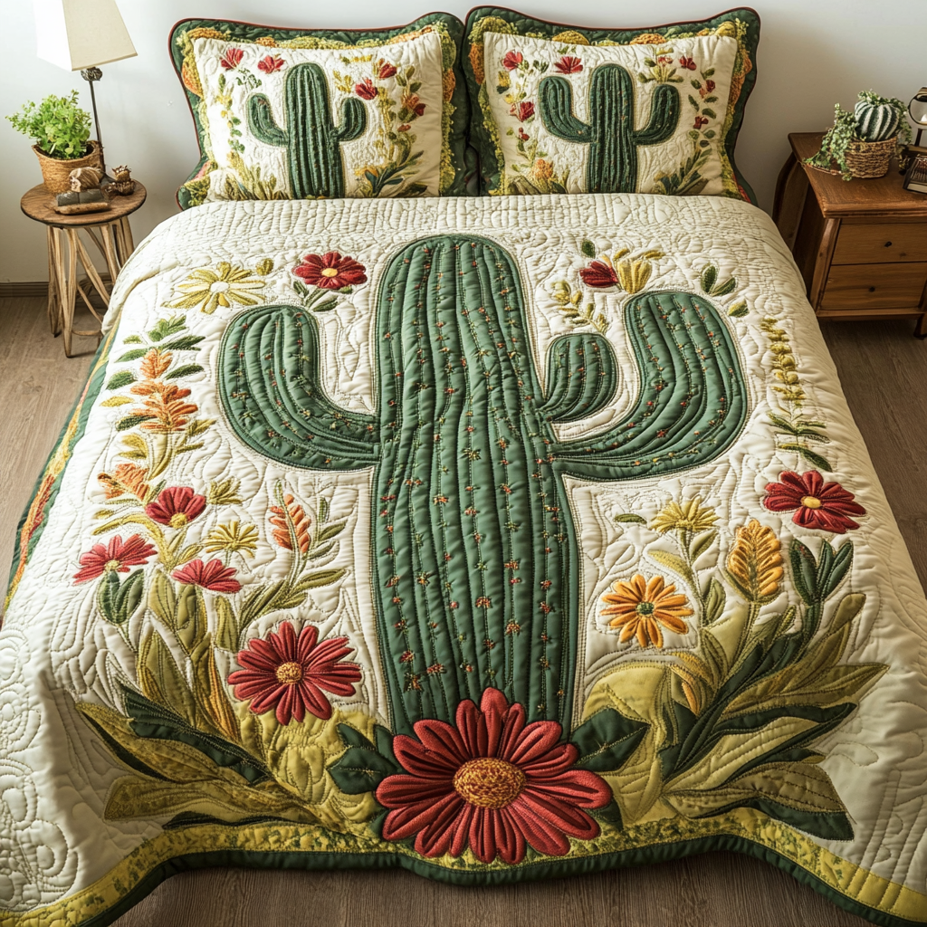 Wildflower Cactus 3-Piece Quilted Bedding Set NCU0VH5880 – Vantique