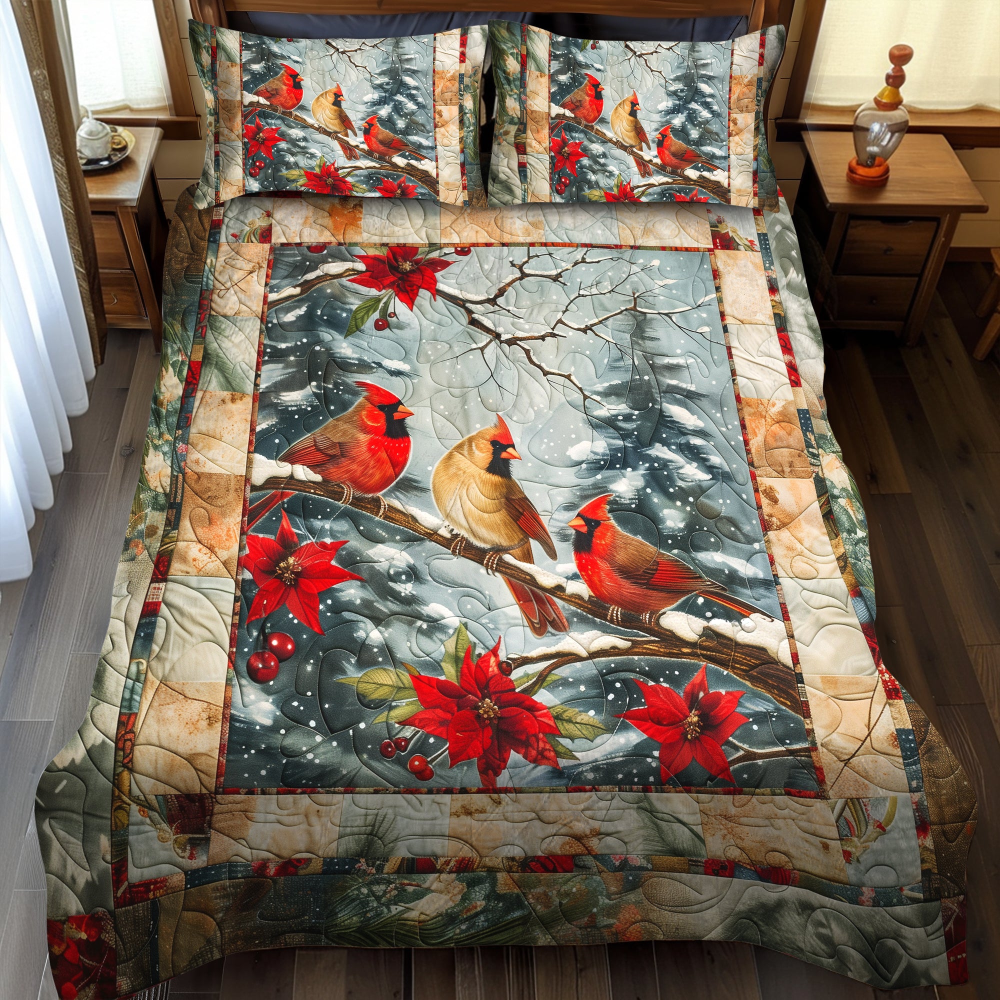 Winter Cardinal 3-Piece Quilted Bedding Set NCU0TH923 – Vantique