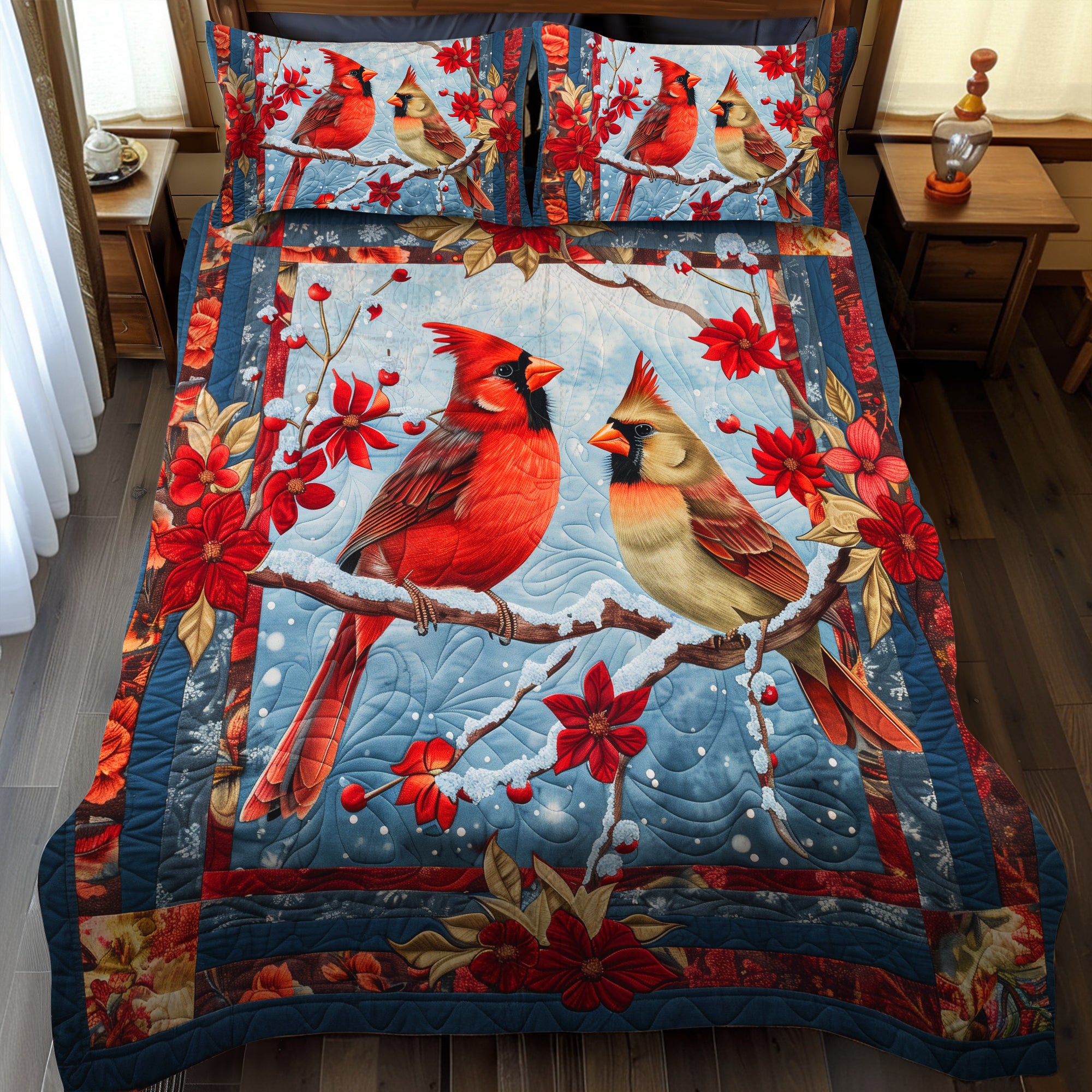 Winter Cardinal Love 3-Piece Quilted Bedding Set NCU0TH925 – Vantique