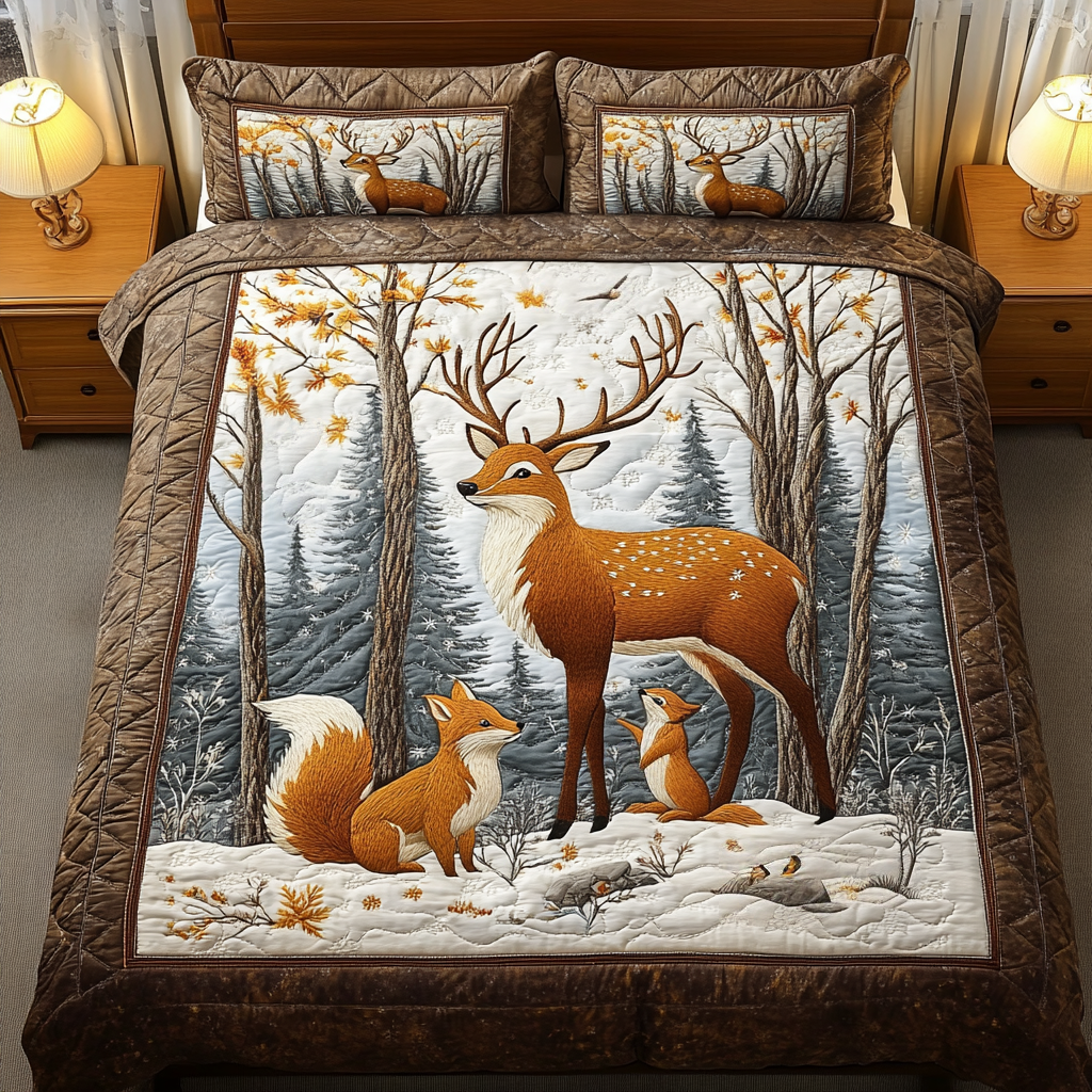 Winter Stag Family 3-Piece Quilted Bedding Set NCU0NT3107 – Vantique
