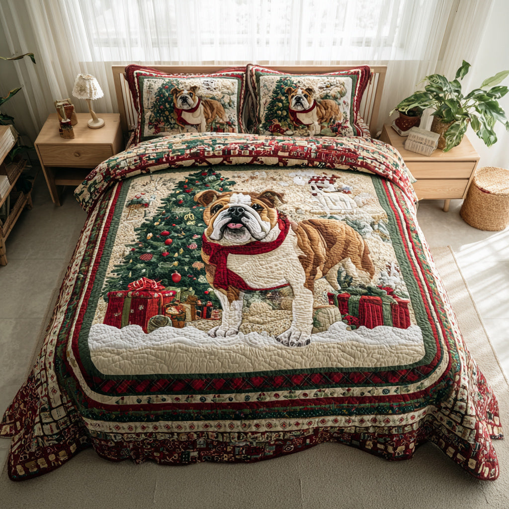 Winter Bulldog Wonderland 3-Piece Quilted Bedding Set NCU0HH375 – Vantique
