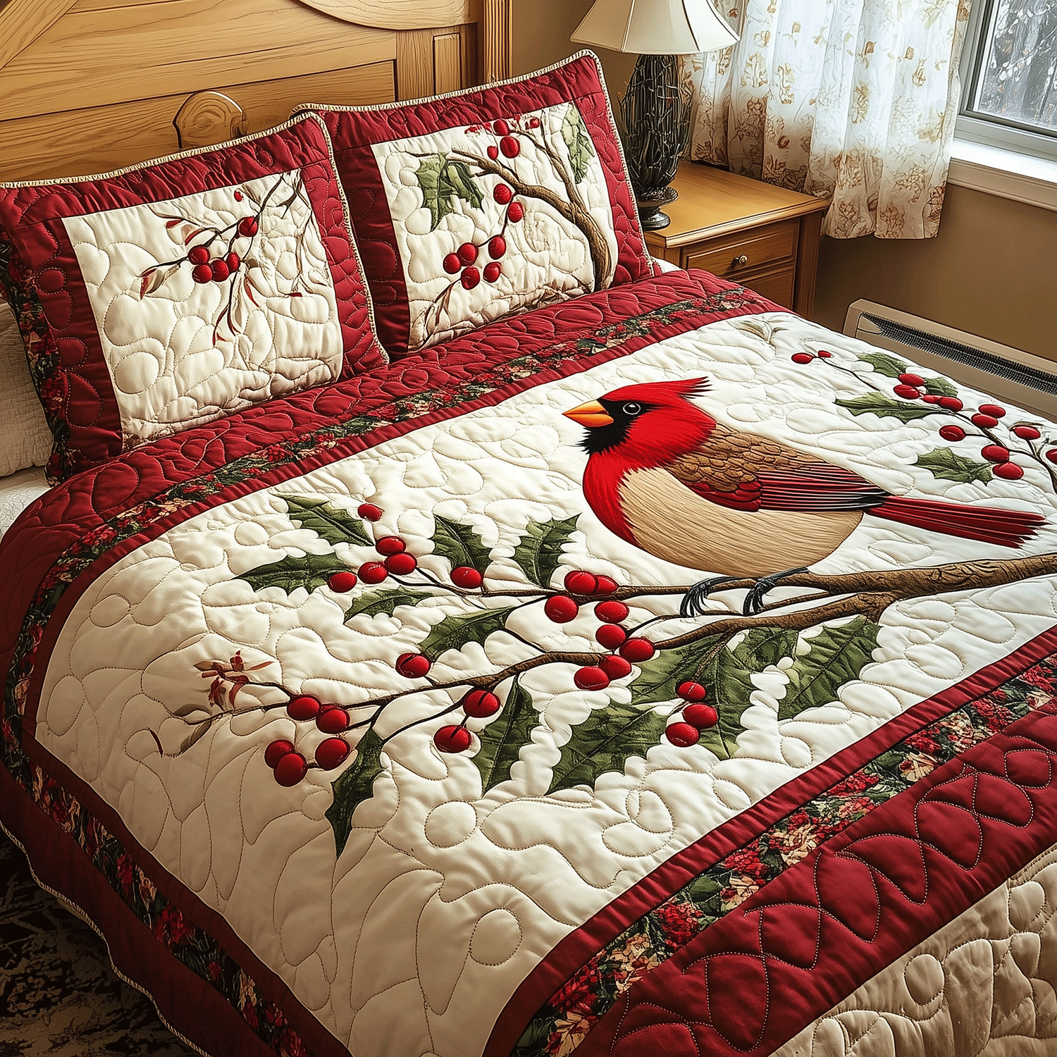 Winter Cardinal Bliss 3-Piece Quilted Bedding Set NCU0TH2080 – Vantique
