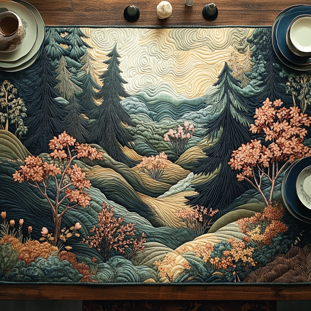 Woodblock Japanese Alpine Quilted Table Runner NCU0DV5458 – Vantique