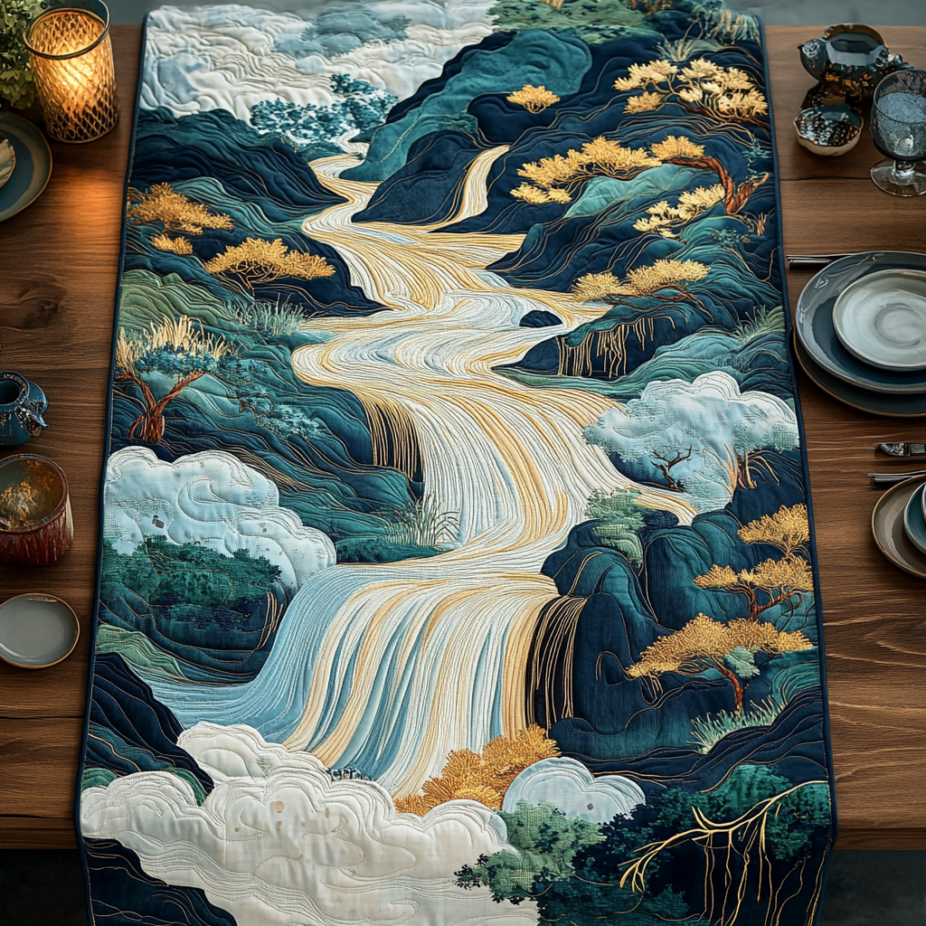 Woodblock Japanese Style Waterfall Quilted Table Runner NCU0DV5462 ...