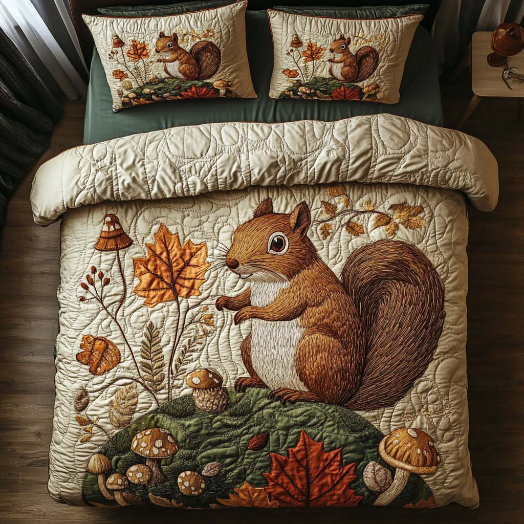 Woodland Squirrel 3-Piece Quilted Bedding Set NCU0NT8657 – Vantique