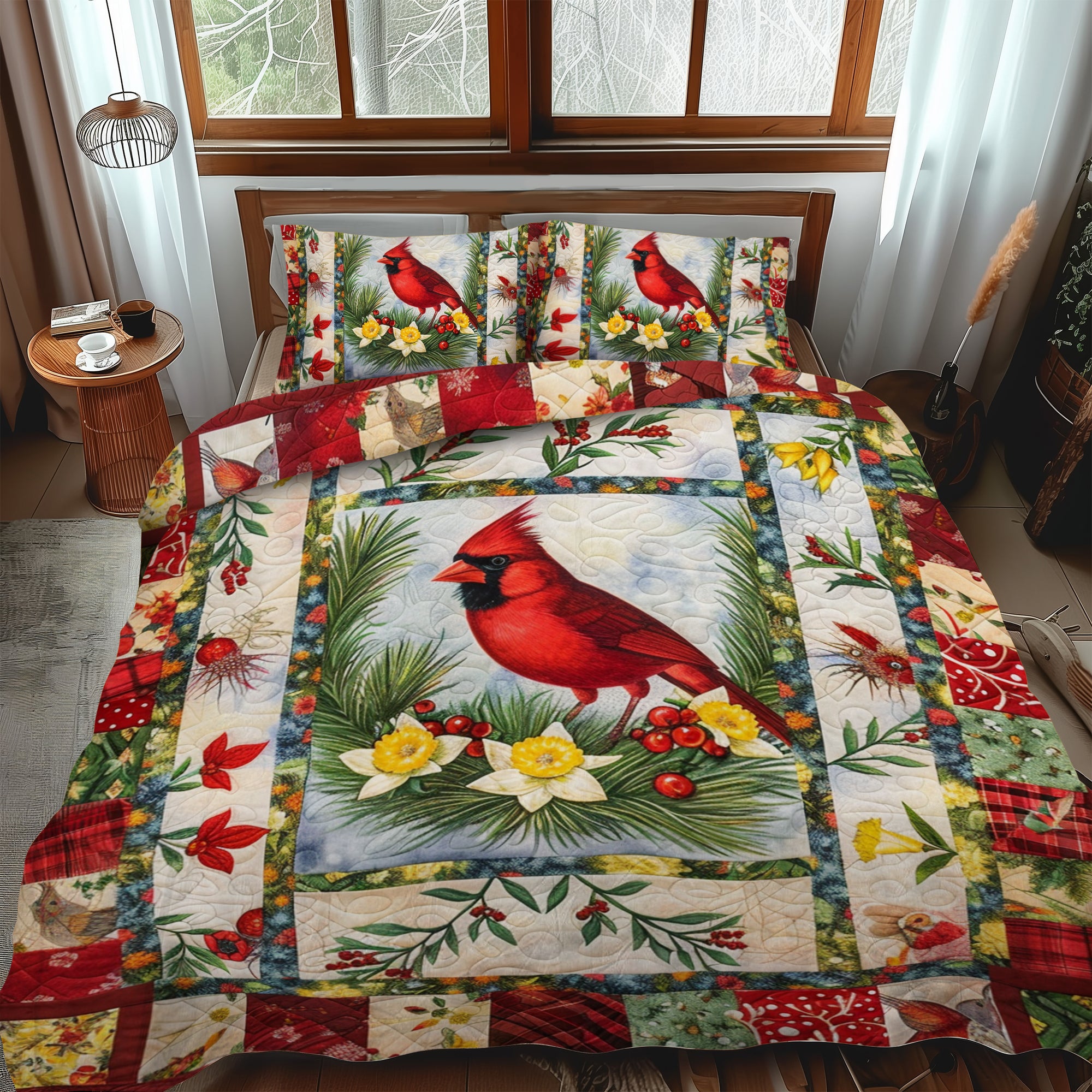 Elegant Cardinal Bird 3-Piece Quilted Bedding Set NCU0PD207 – Vantique
