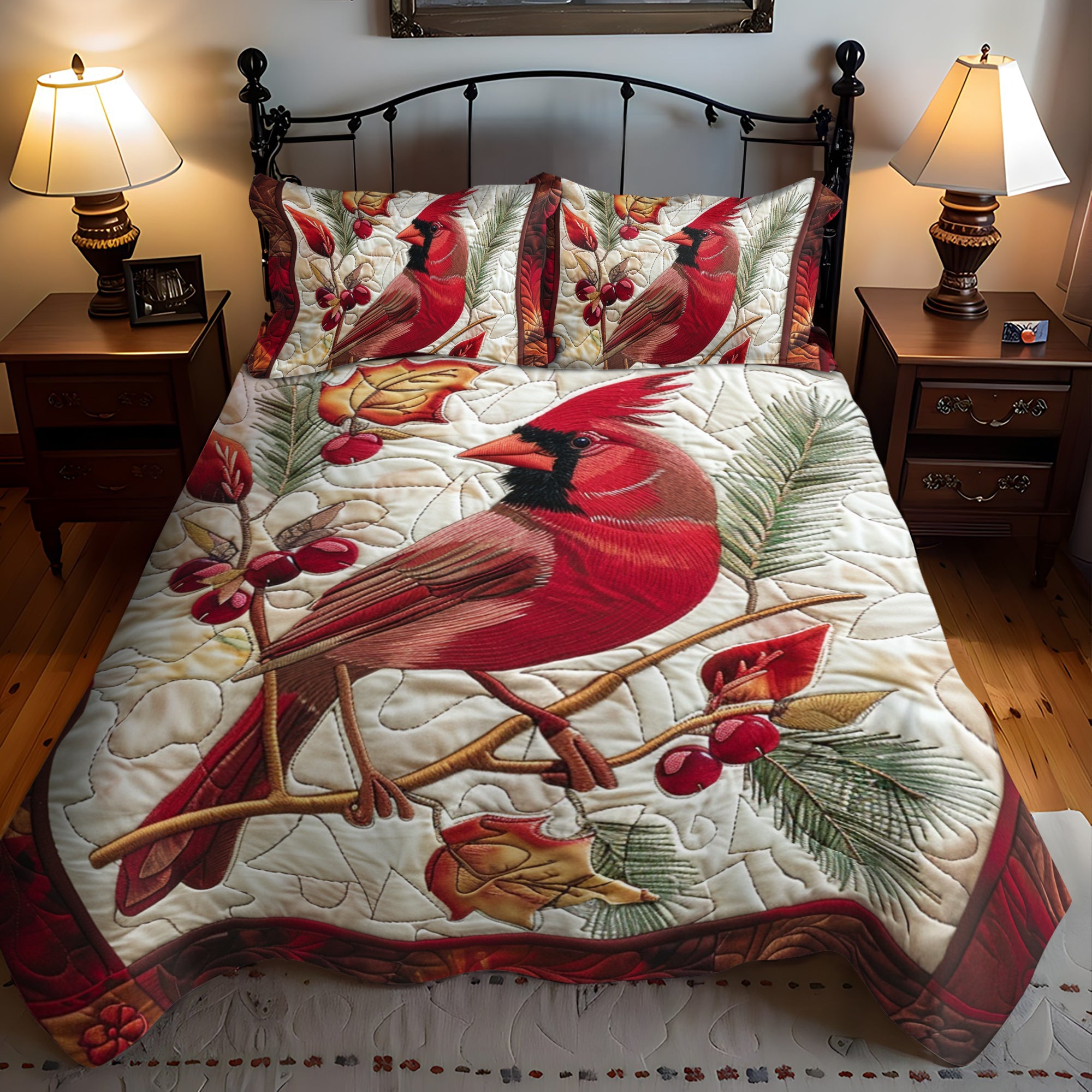 Cozy Cardinal Bird 3-Piece Quilted Bedding Set NCU0PD208 – Vantique