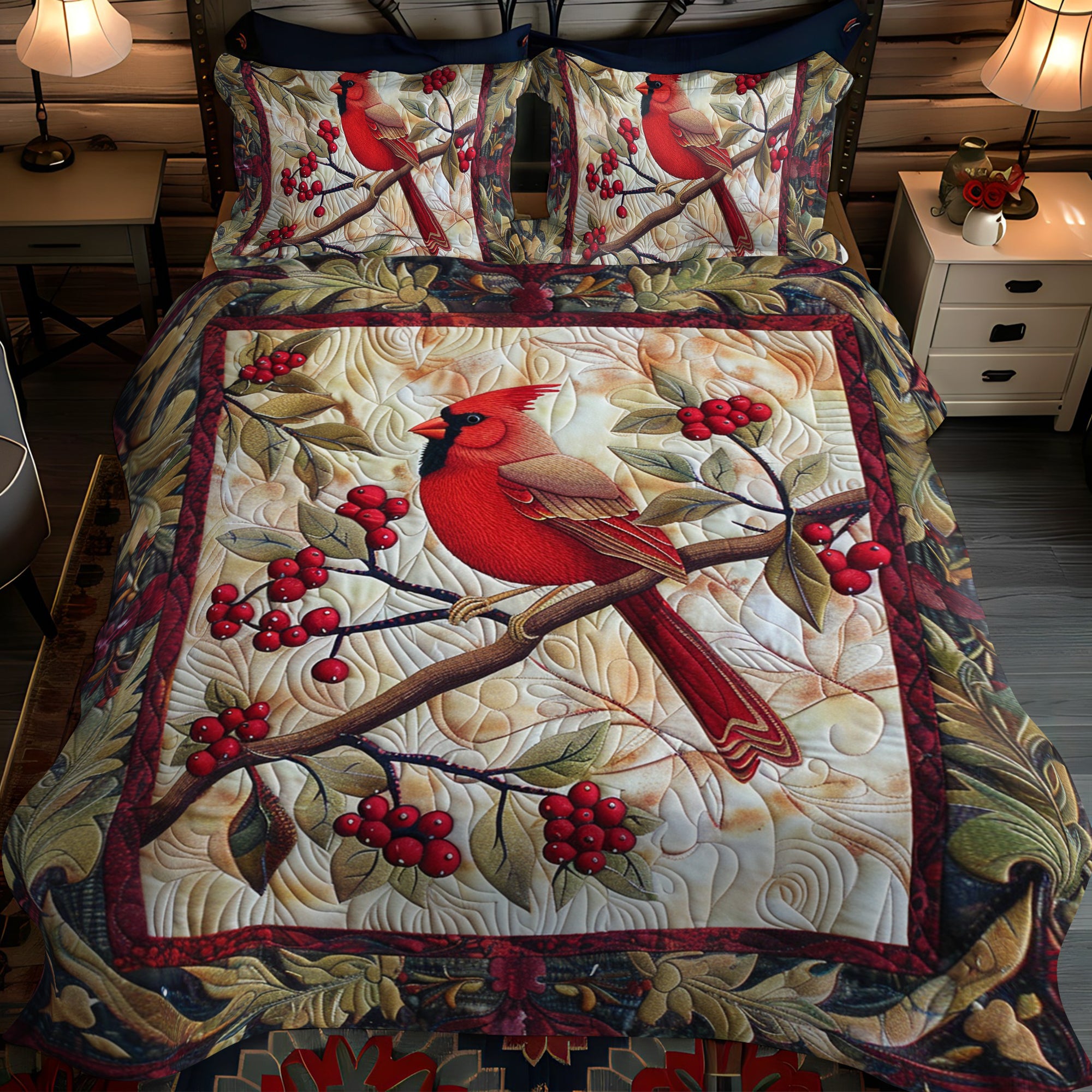 Winter Red Cardinal 3-Piece Quilted Bedding Set NCU0PD210 – Vantique