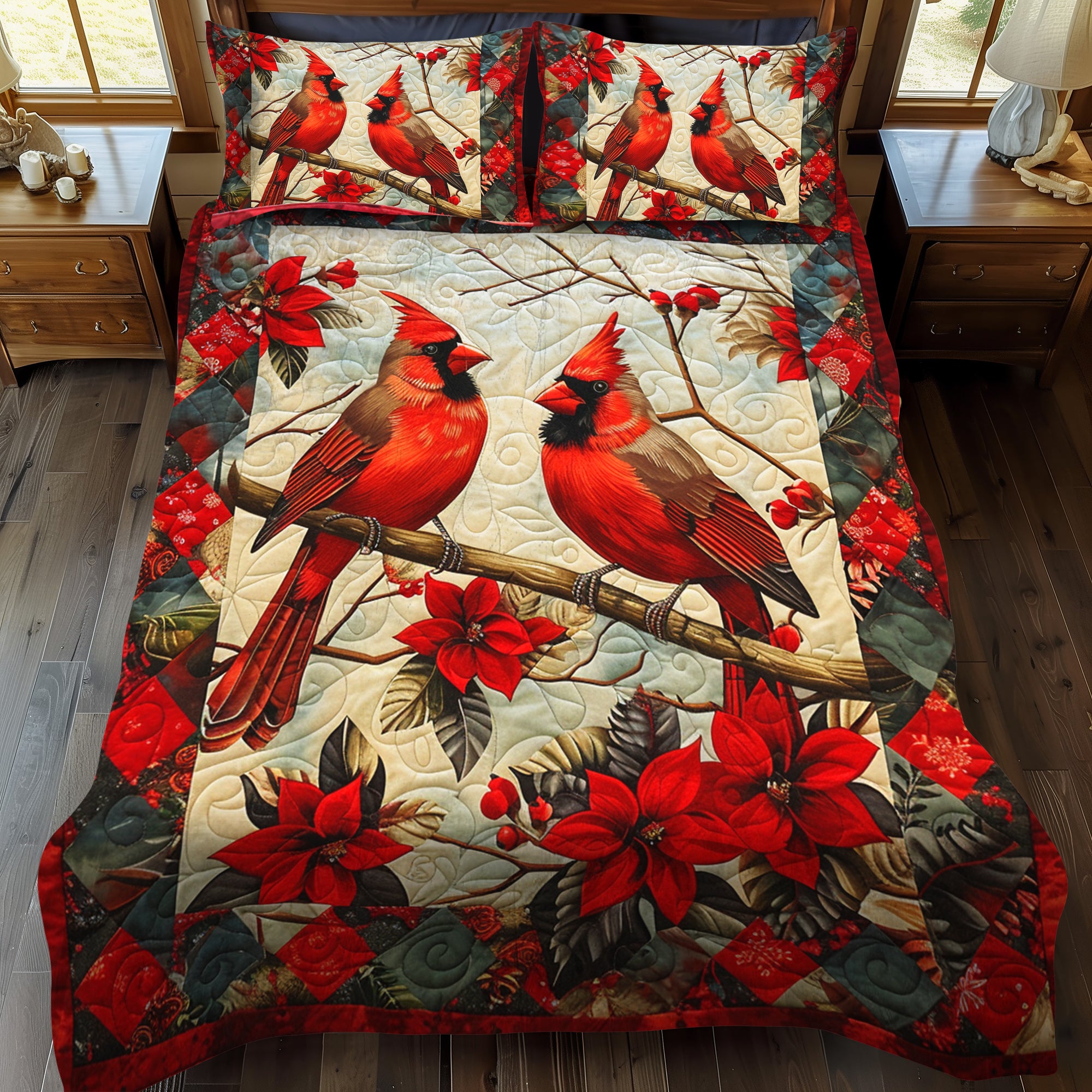 Red Cardinal Winter 3-Piece Quilted Bedding Set NCU0PD202 – Vantique