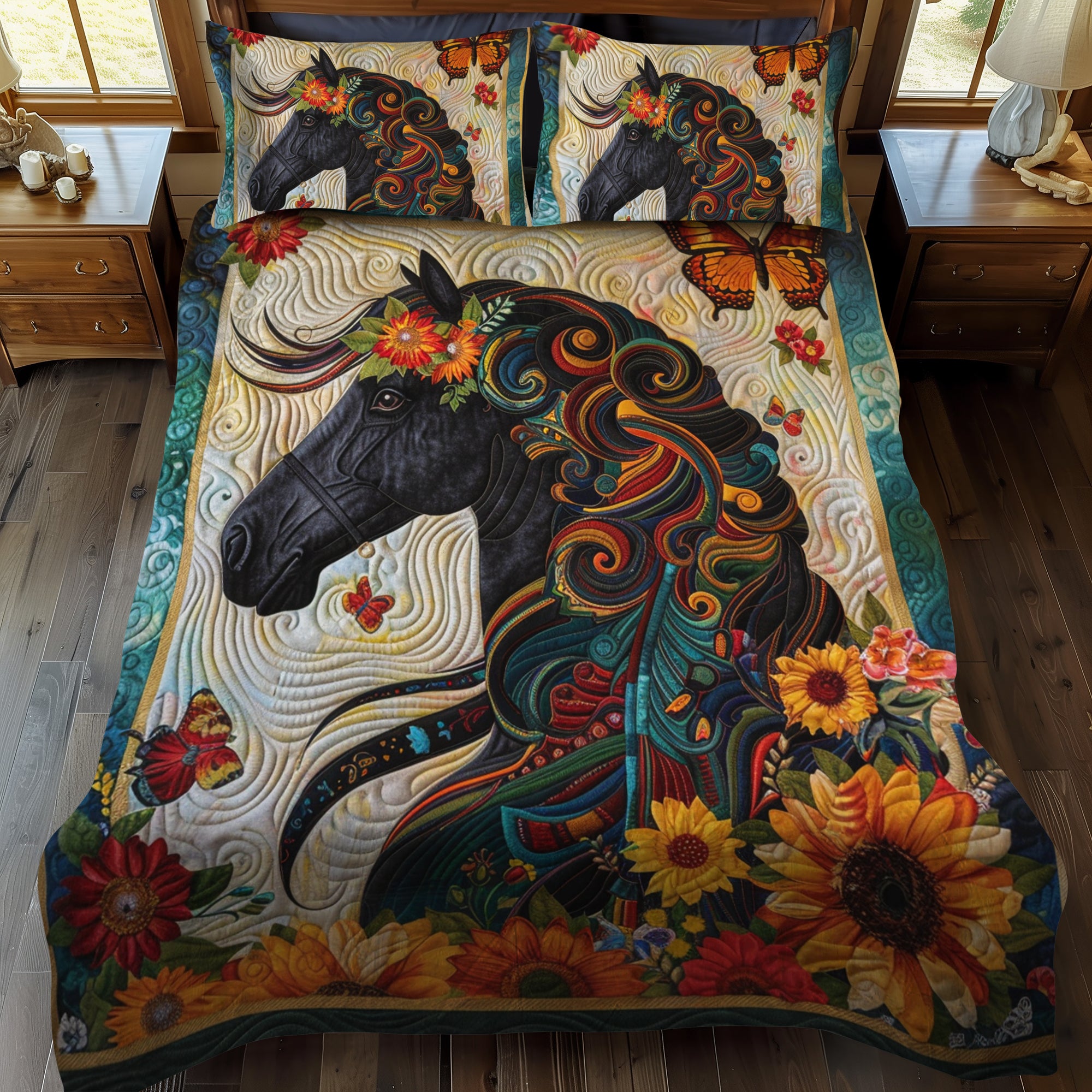 Floral Horse-Themed 3-Piece Quilted Bedding Set NCU0PD165 – Vantique