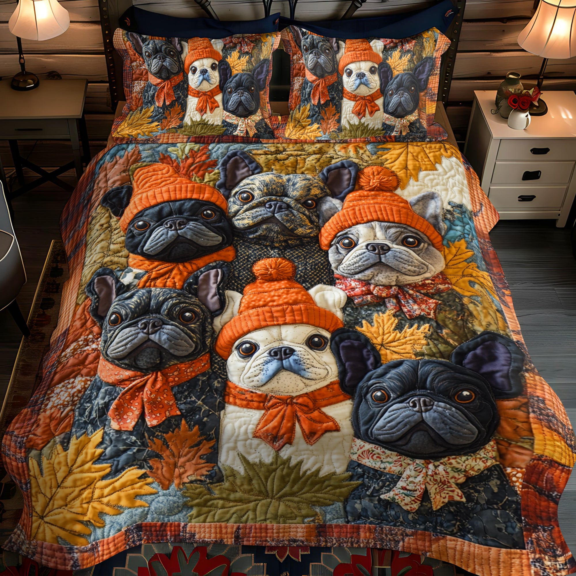 Frenchie Faces Thanksgiving 3-Piece Quilted Bedding Set NCU0PD380 ...